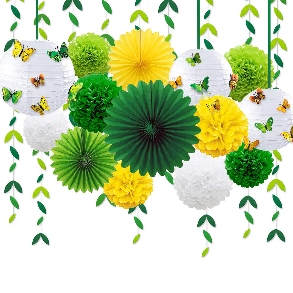 ZAALBA Yellow and Green Party Decoration Kit: Hanging Paper Fans, Lanterns, and Pom Poms ...
