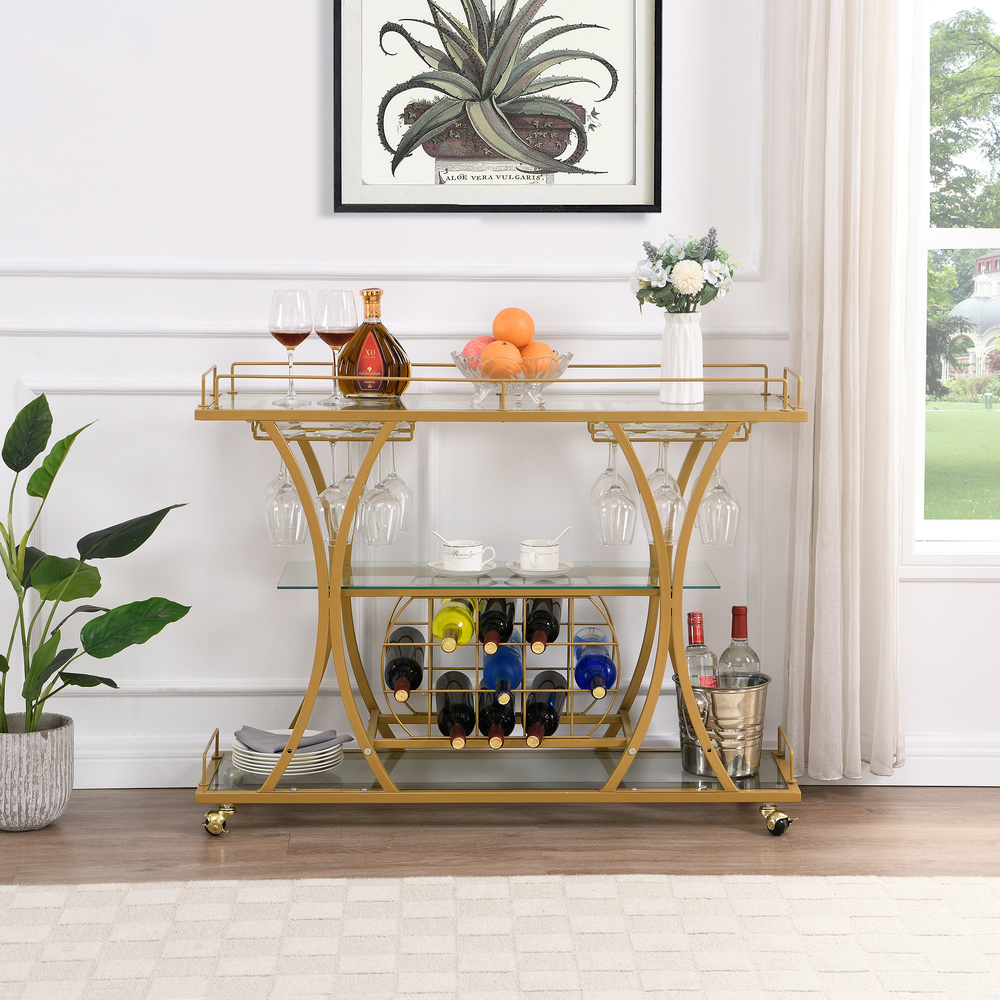 Ophelia & Co. Golden Bar Cart With Wine Rack Tempered Glass Metal Frame ...