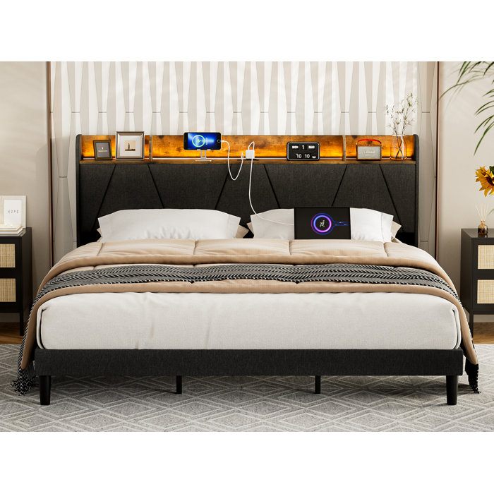 Ivy Bronx Gearl Upholstered Bed With Storage Shelf Headboard & Charging ...
