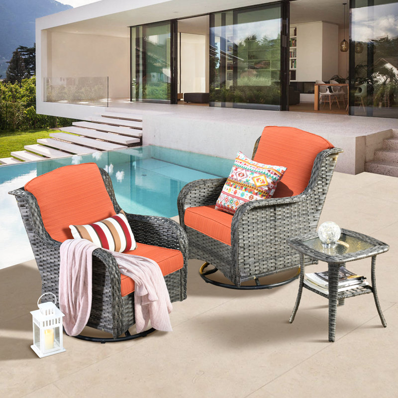 Lark Manor Tommy Swivel Wicker Rattan Outdoor Rocking Chairs Set with ...