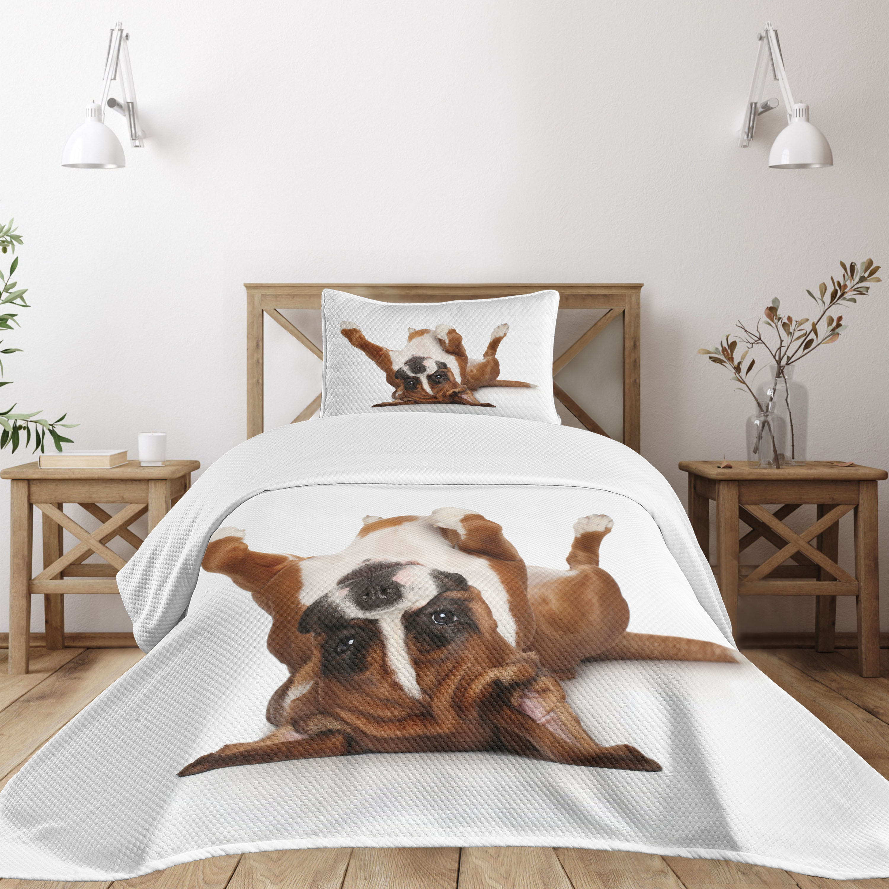 Ambesonne Boxer Dog Bedspread Set Funny Playful Puppy Image Pale ...
