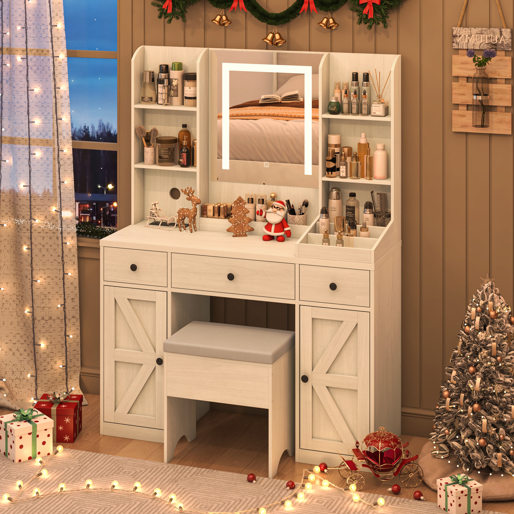 Wildon Home® Caelin Makeup Vanity Set with Lighted Mirror, Charging ...