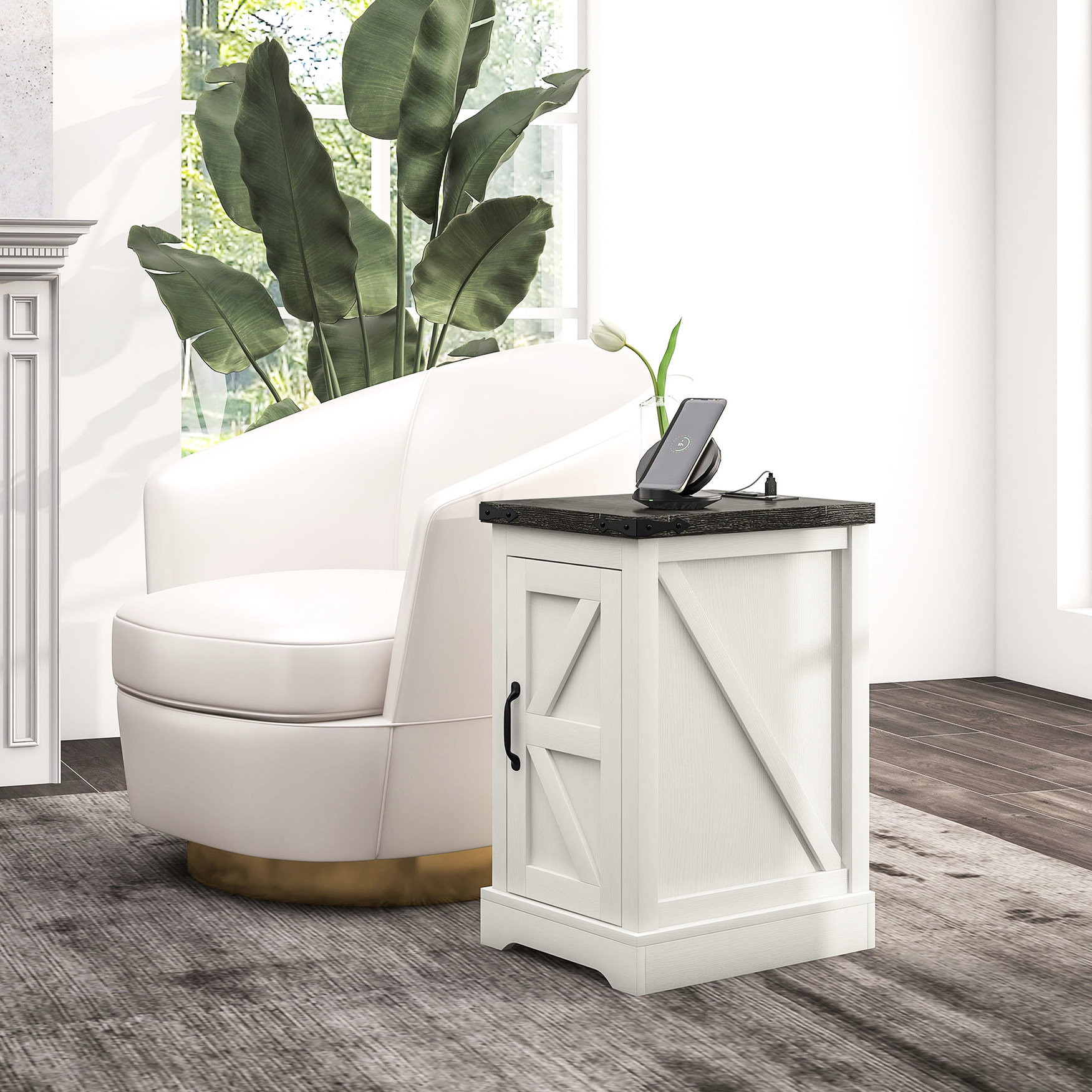 Gracie Oaks Distressed White End Table With Charging Ports And Storage Cabinet, Living Room ...