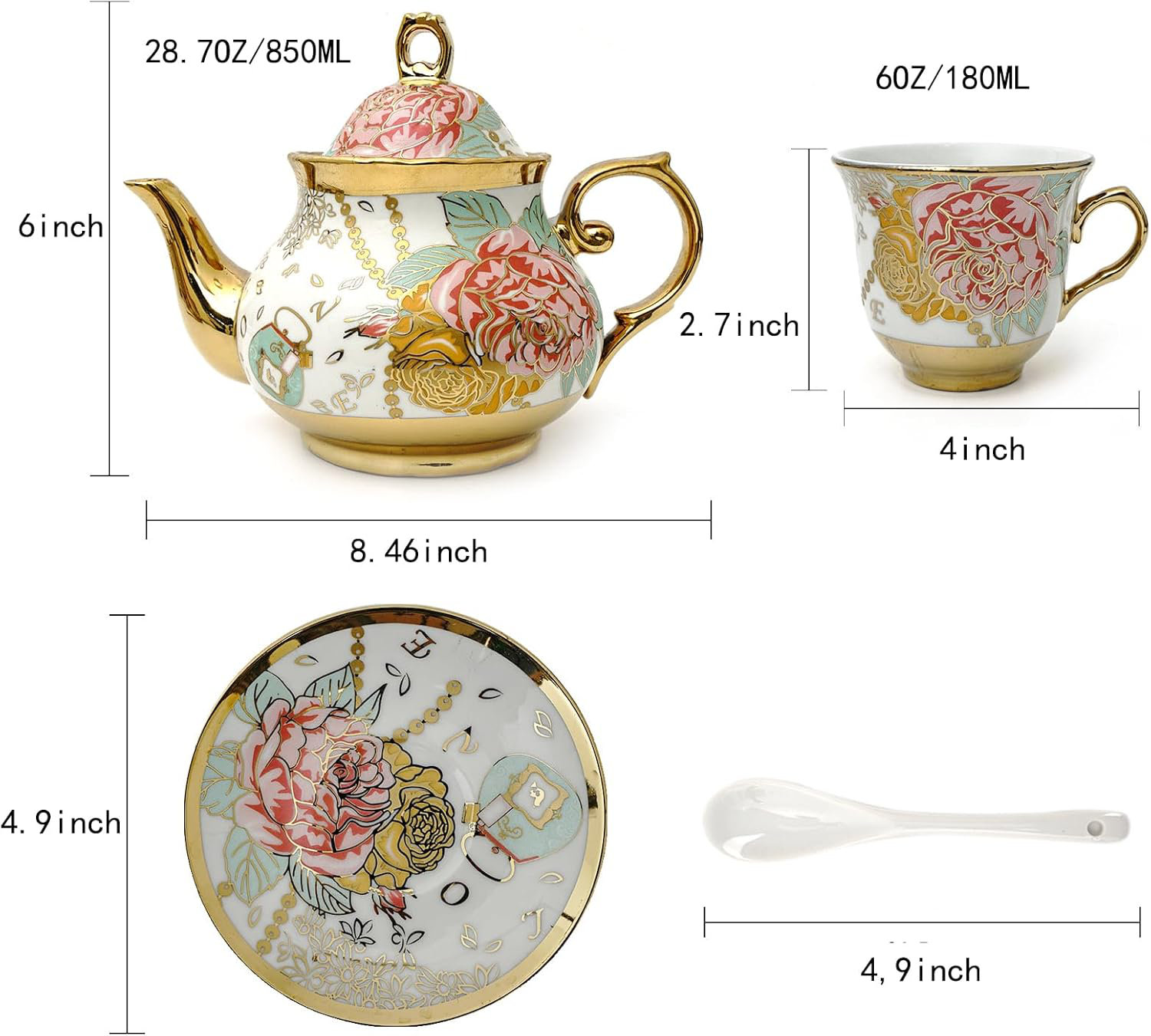 World Menagerie Vintage Gold Plated Rose Ceramic Tea Set With Teapot ...