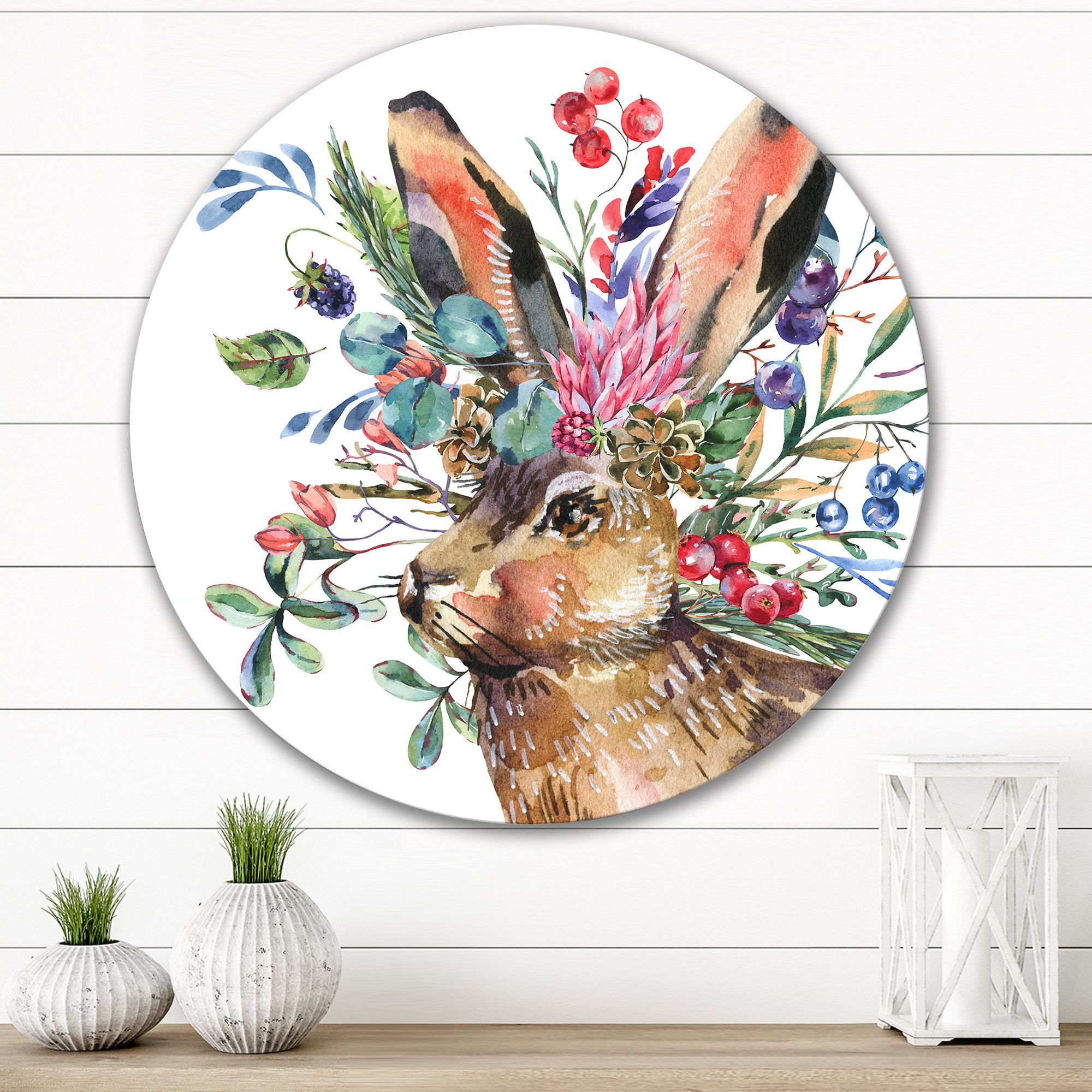 East Urban Home Hare With Flowers - Traditional Metal Circle Wall Art ...