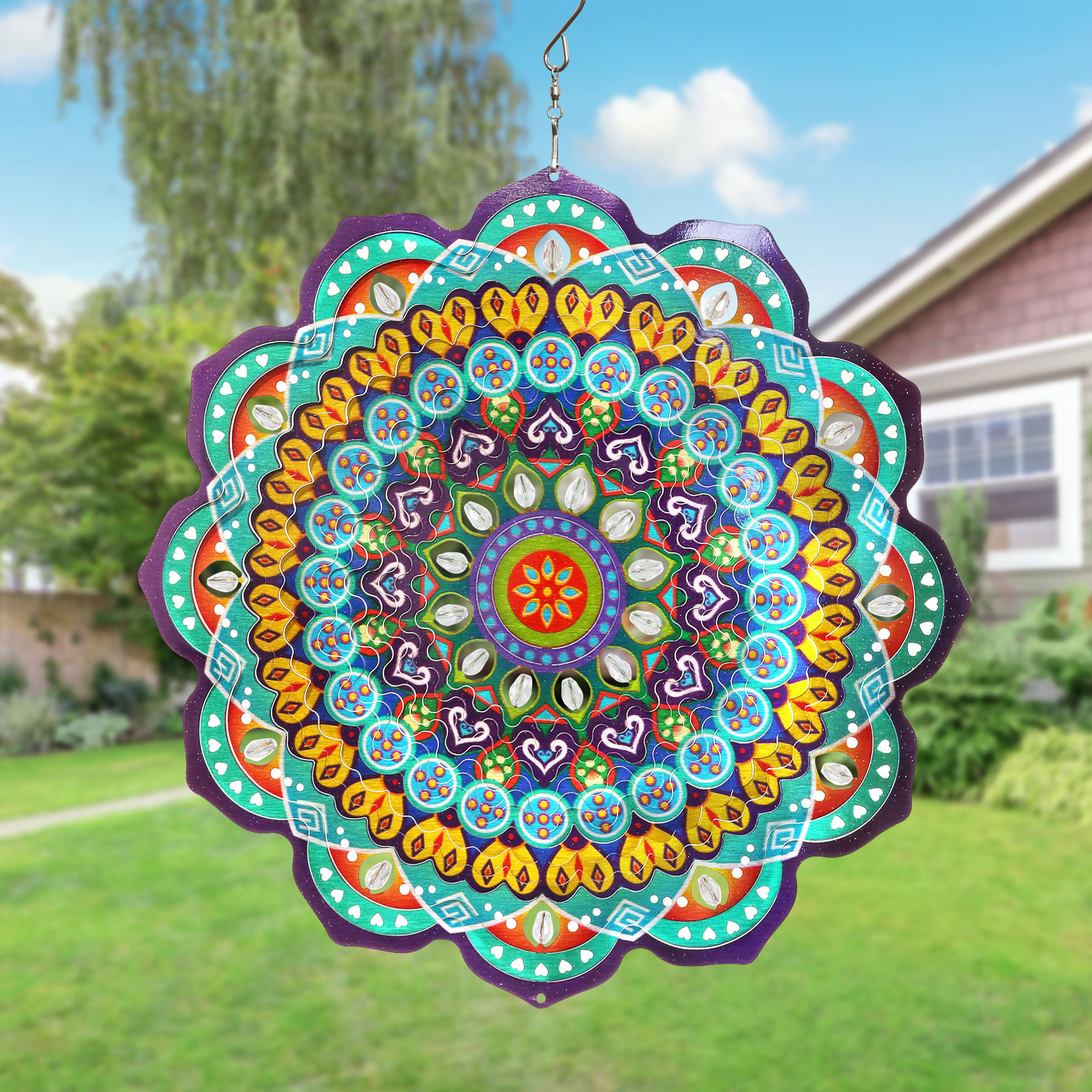 Exhart Colourful Hearts Hanging Garden Spinner with Beads, 12 Inch ...