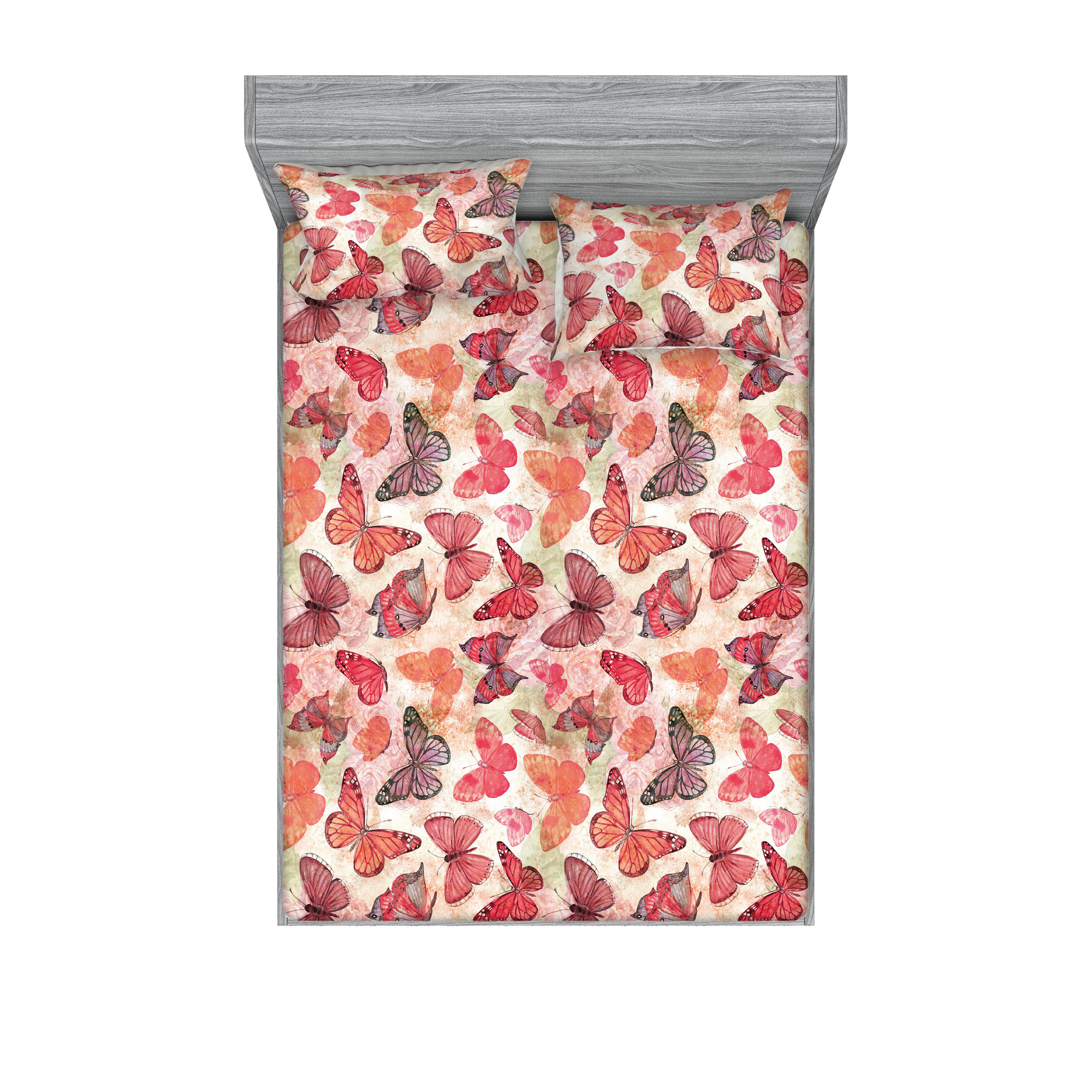 Ambesonne Fitted Sheet & Sham Set 2 Pcs Butterfly Spring Forest Coral ...