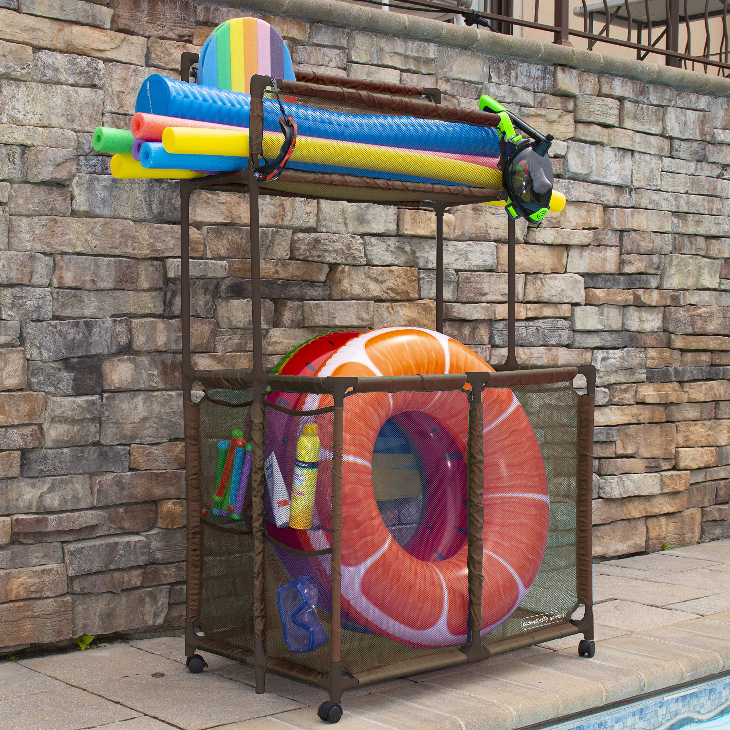 Rebrilliant Collapsible Pool Storage Bin, Lockable Wheels, Pvc & Mesh ...