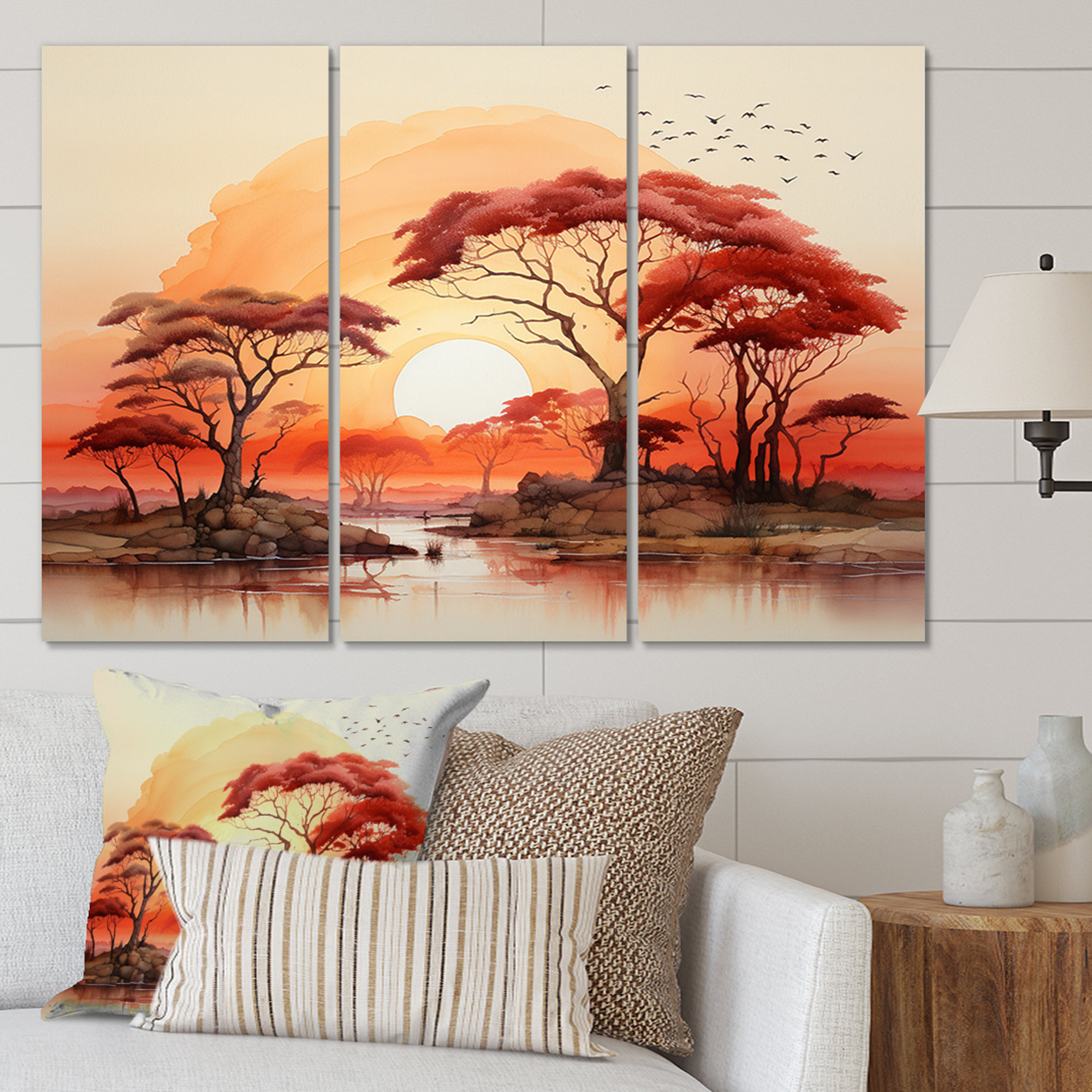 Winston Porter Red Yellow African Landscape On Canvas 3 Pieces Print ...