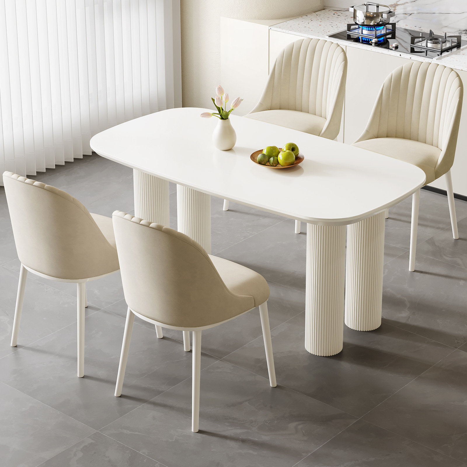 Corrigan Studio® Cream White Rectangle Dining Table Set,Modern Kitchen ...