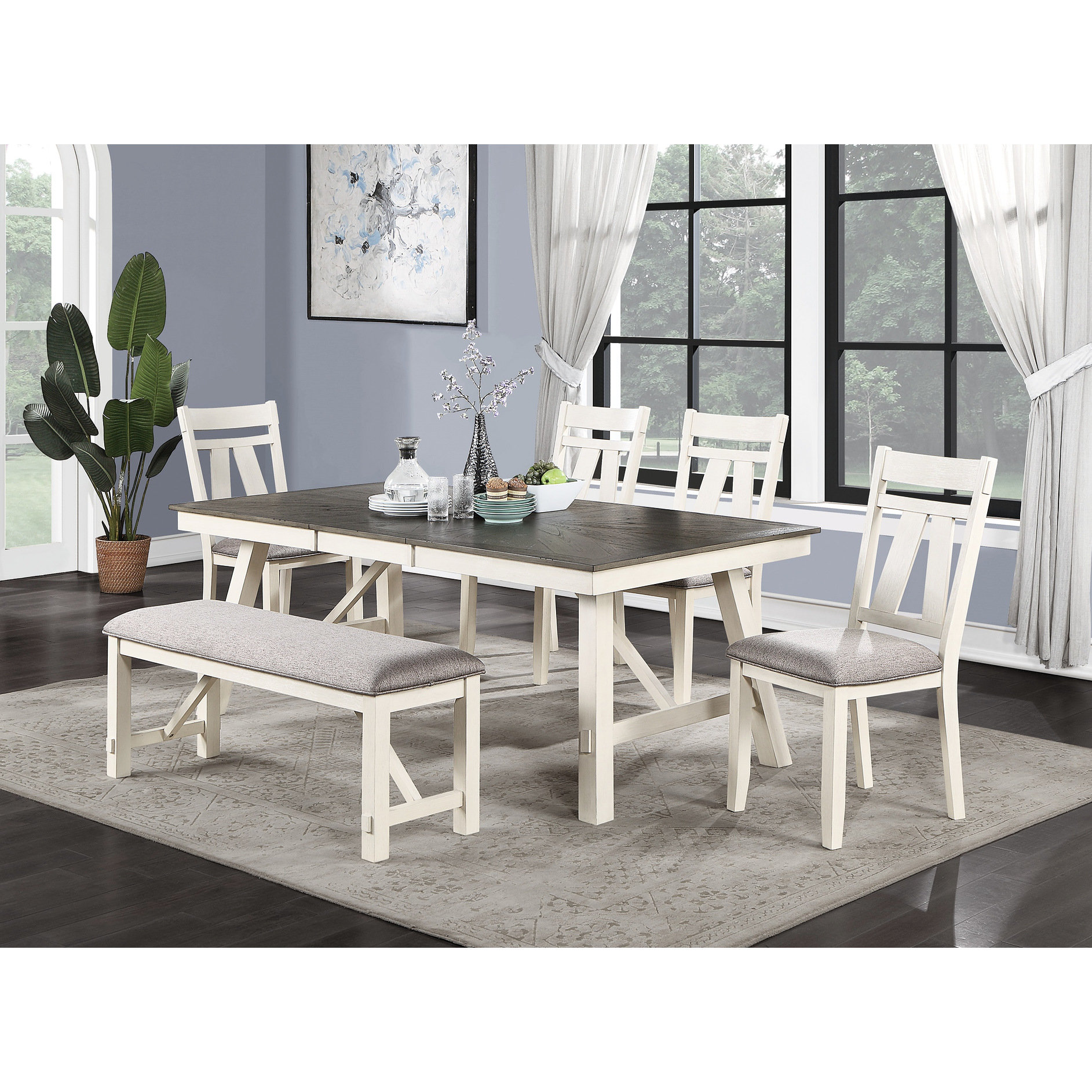 Wovilo Dining Table With Leaf In Room, Grey Wooden Top And White Finish ...