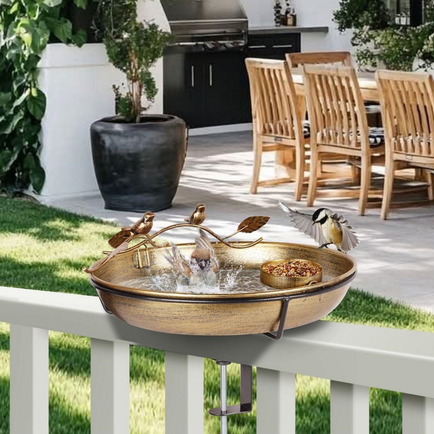 Lark Manor™ Metal Deck Mounted Bird Bath with Small Bird Feeder | Wayfair