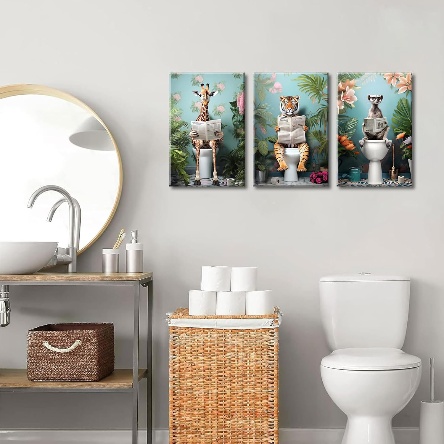 Trinx 3Pcs Funny Animal Bathroom Canvas Wall Art Cute Giraffe Meerkat ...