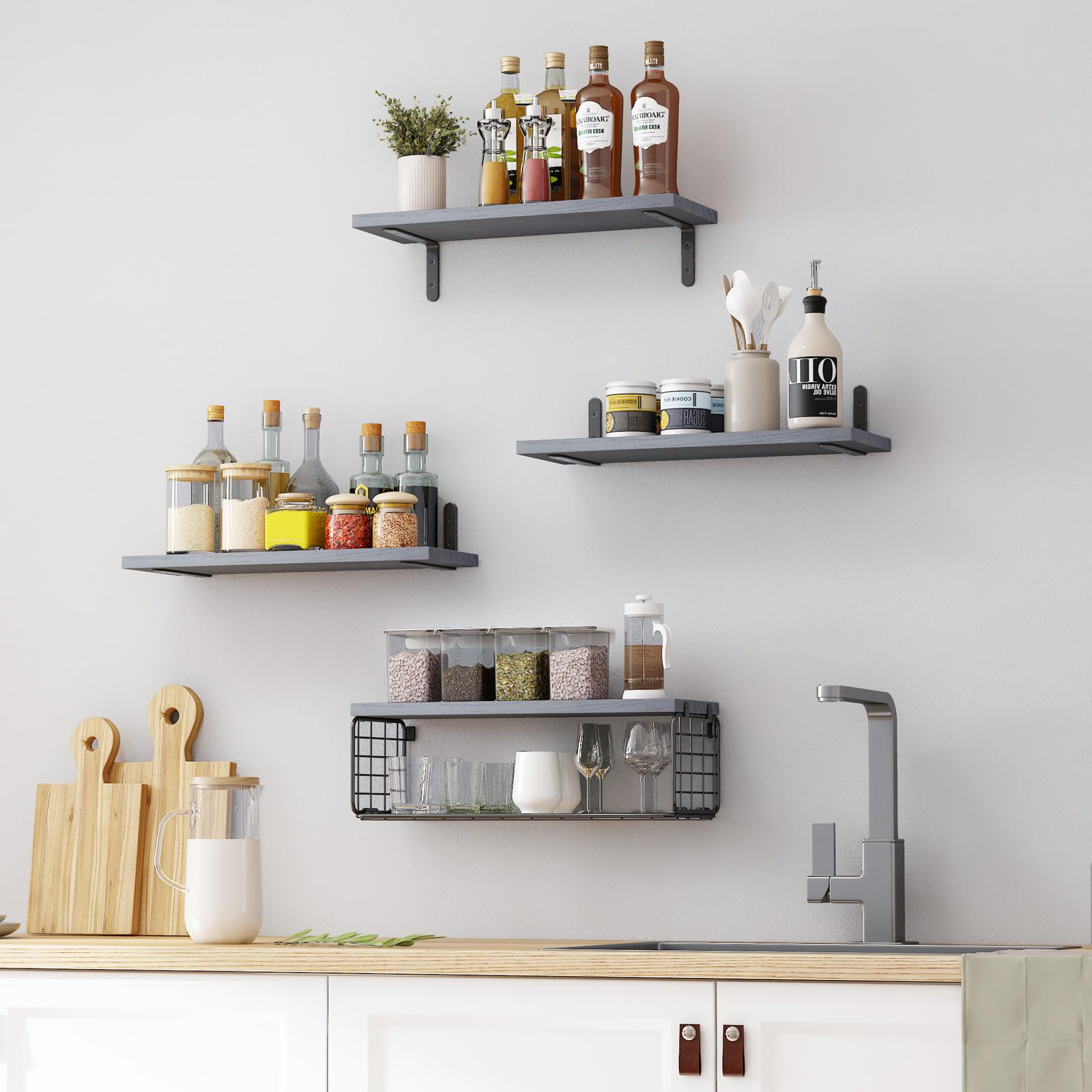 Generic 4+1 Tier Bathroom Shelves, Floating Shelves Rustic Wood Wall ...