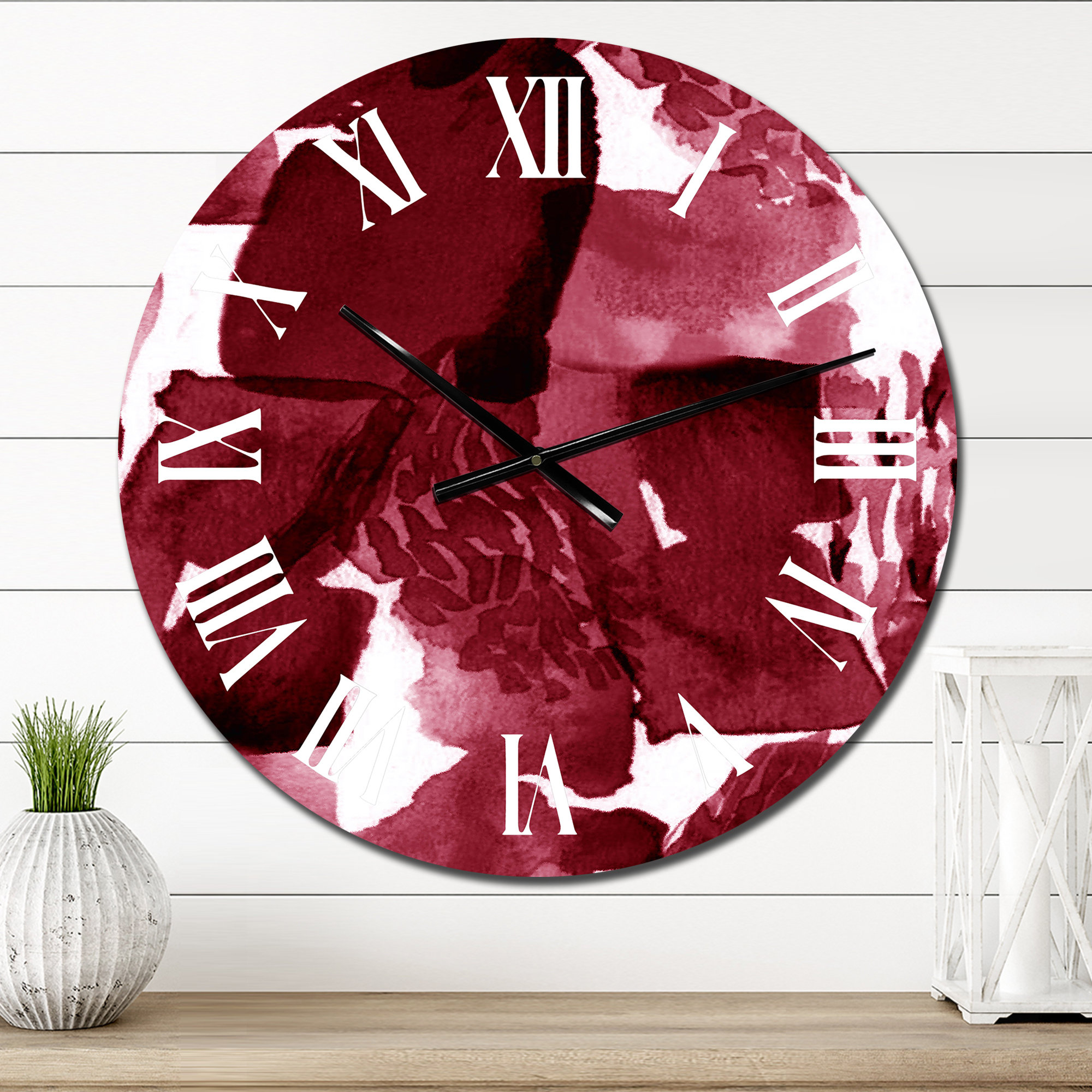 East Urban Home Abstract Burgundy Strokes on White - Modern Wall Clock ...
