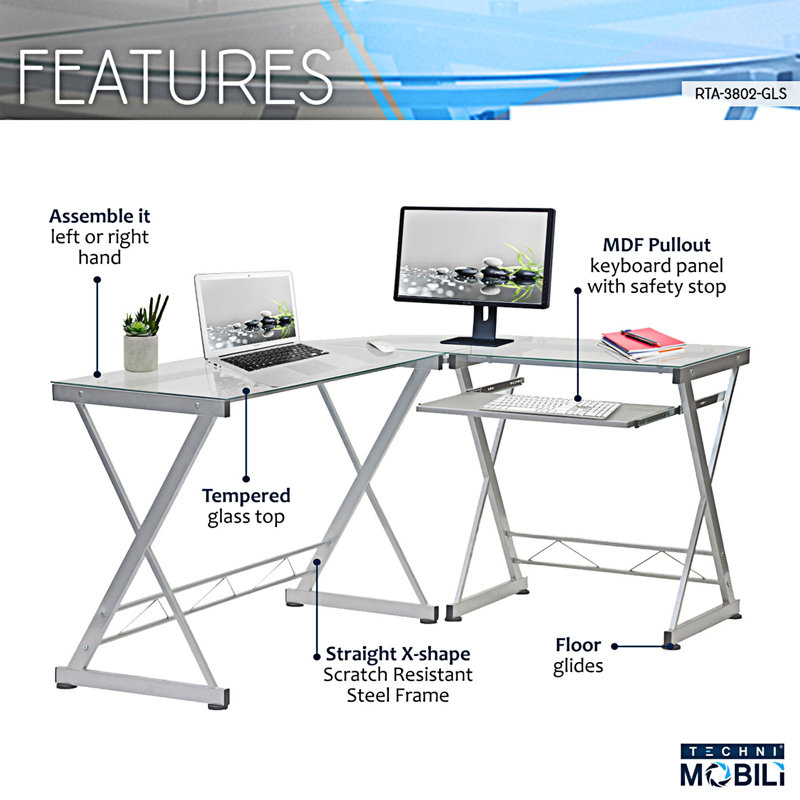 George Oliver L-Shaped Tempered Glass Top Computer Desk With Pull Out ...