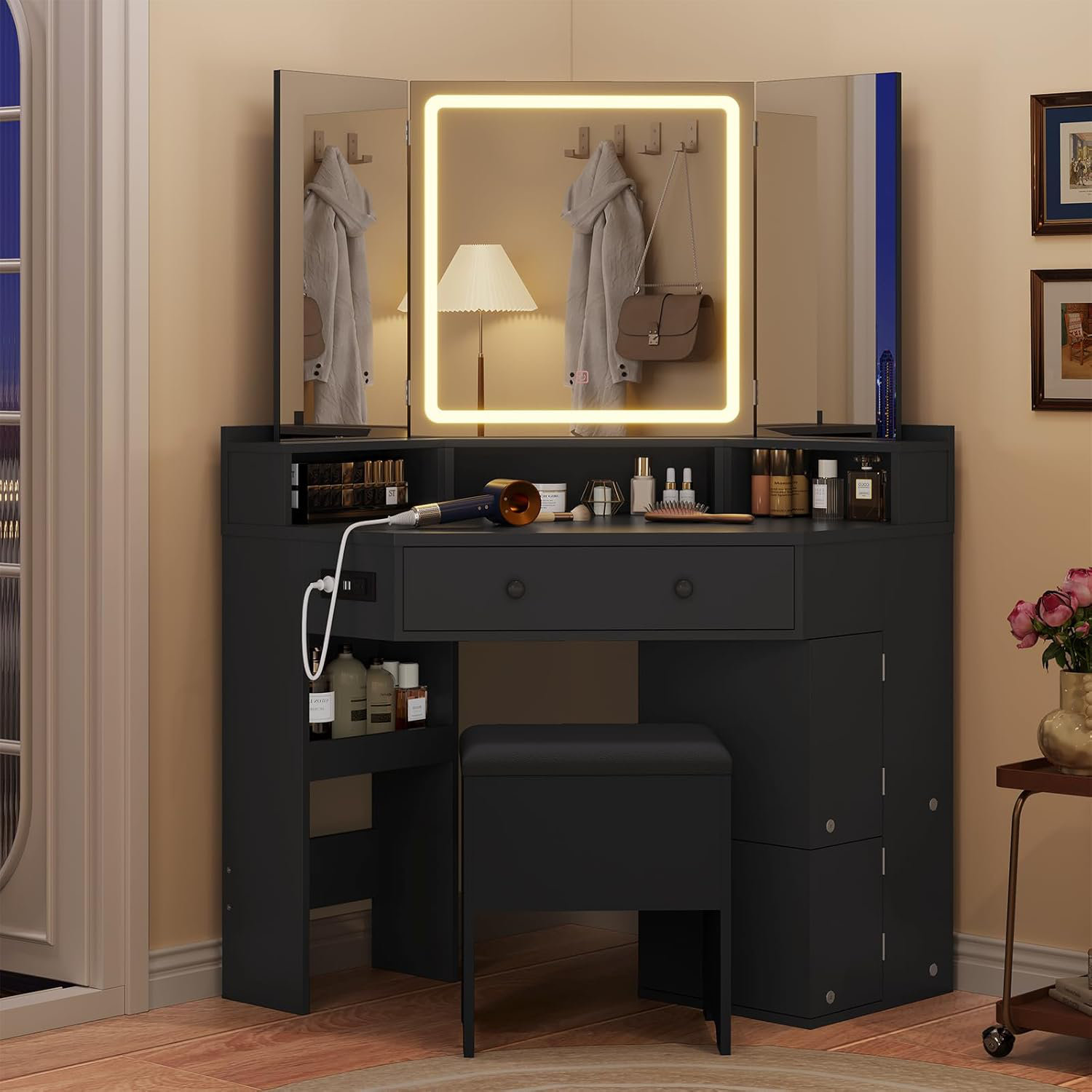 Latitude Run® 3 - Fold Lighted Makeup Vanity Set with Mirror and ...