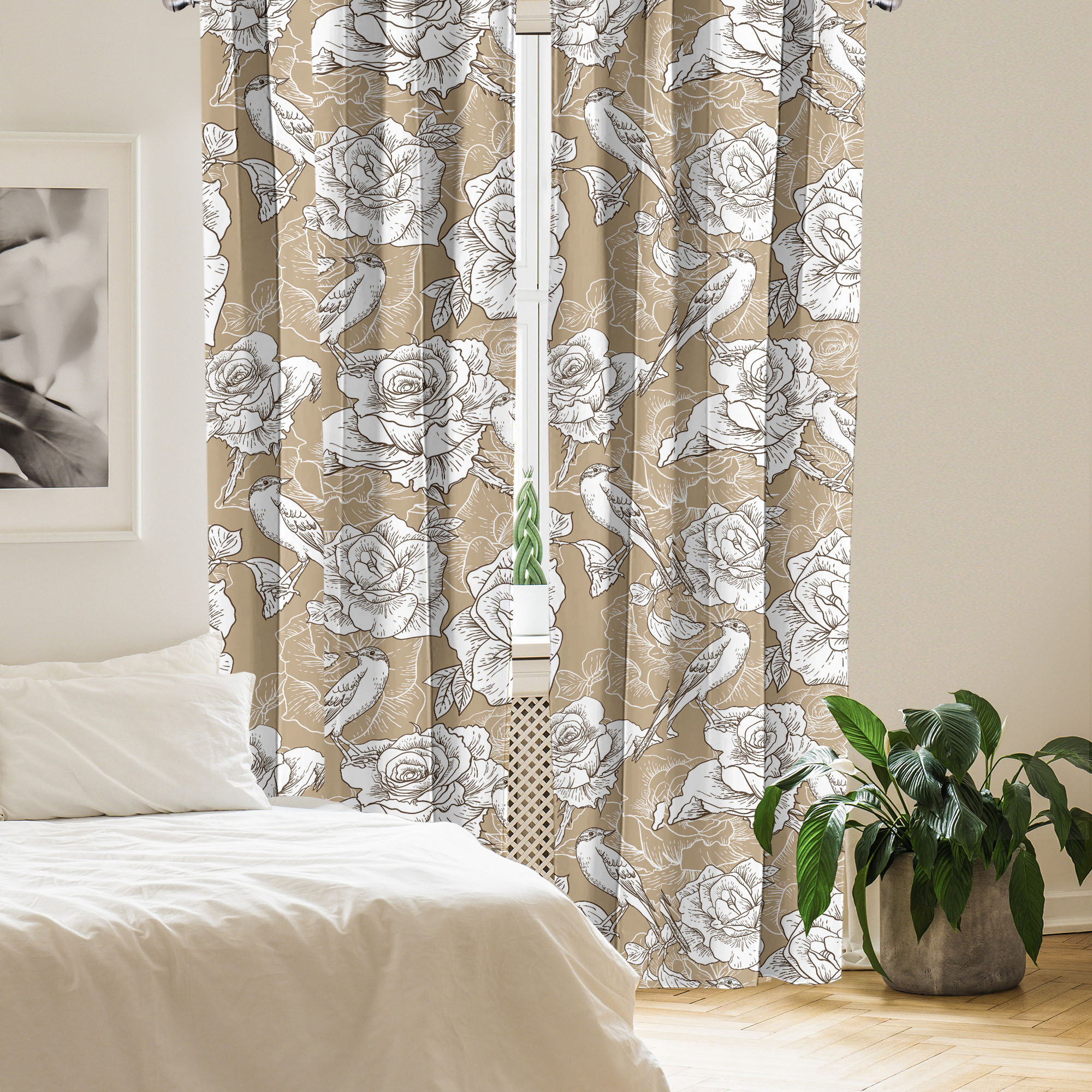 East Urban Home Birds and Roses Curtains Art Bitonal-424959 | Wayfair