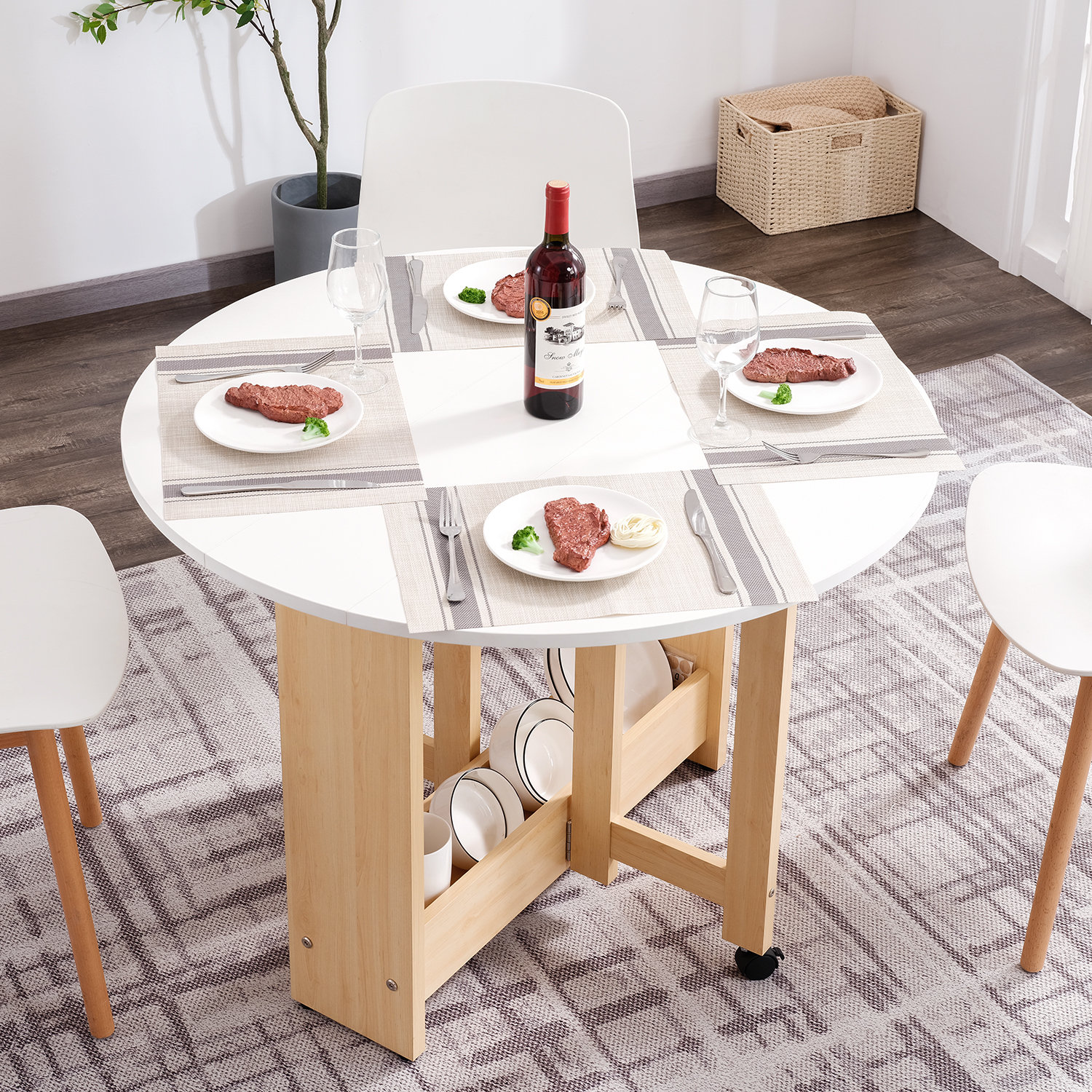 Latitude Run® Round Drop-Leaf Dining Table, Multifunctional Convertible ...