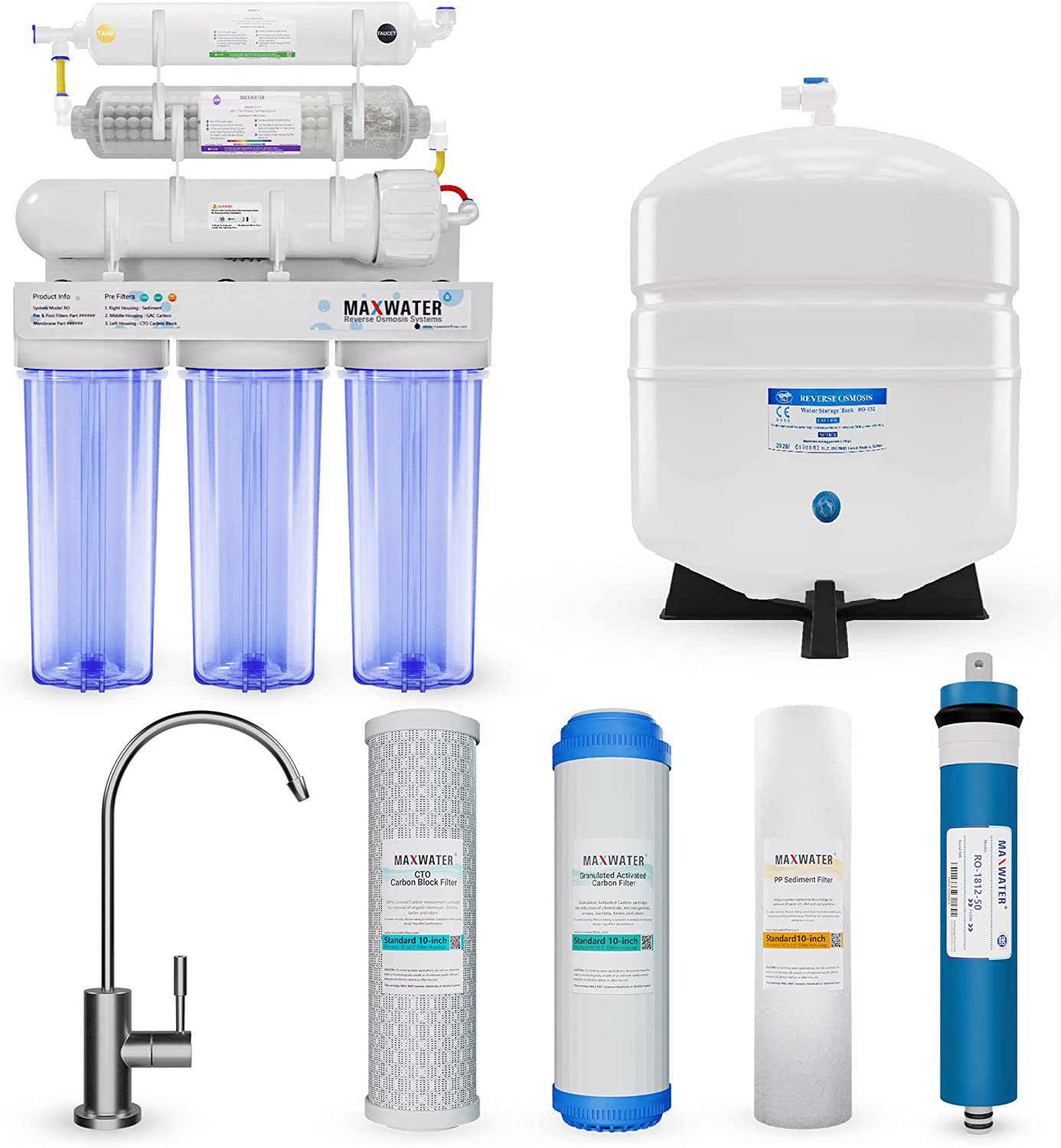 Max Water 50 GPD 8-Stage RO (Reverse Osmosis) Filtration System-Tank ...