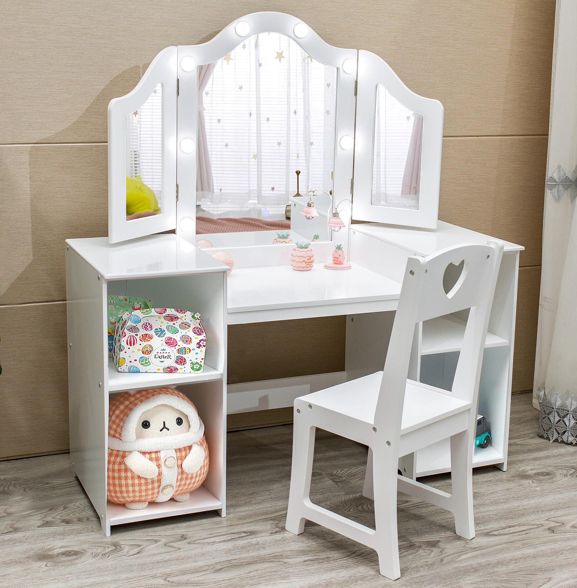 Harriet Bee Girls Princess Vanity Table Set - Tri-Folding Mirror | Wayfair
