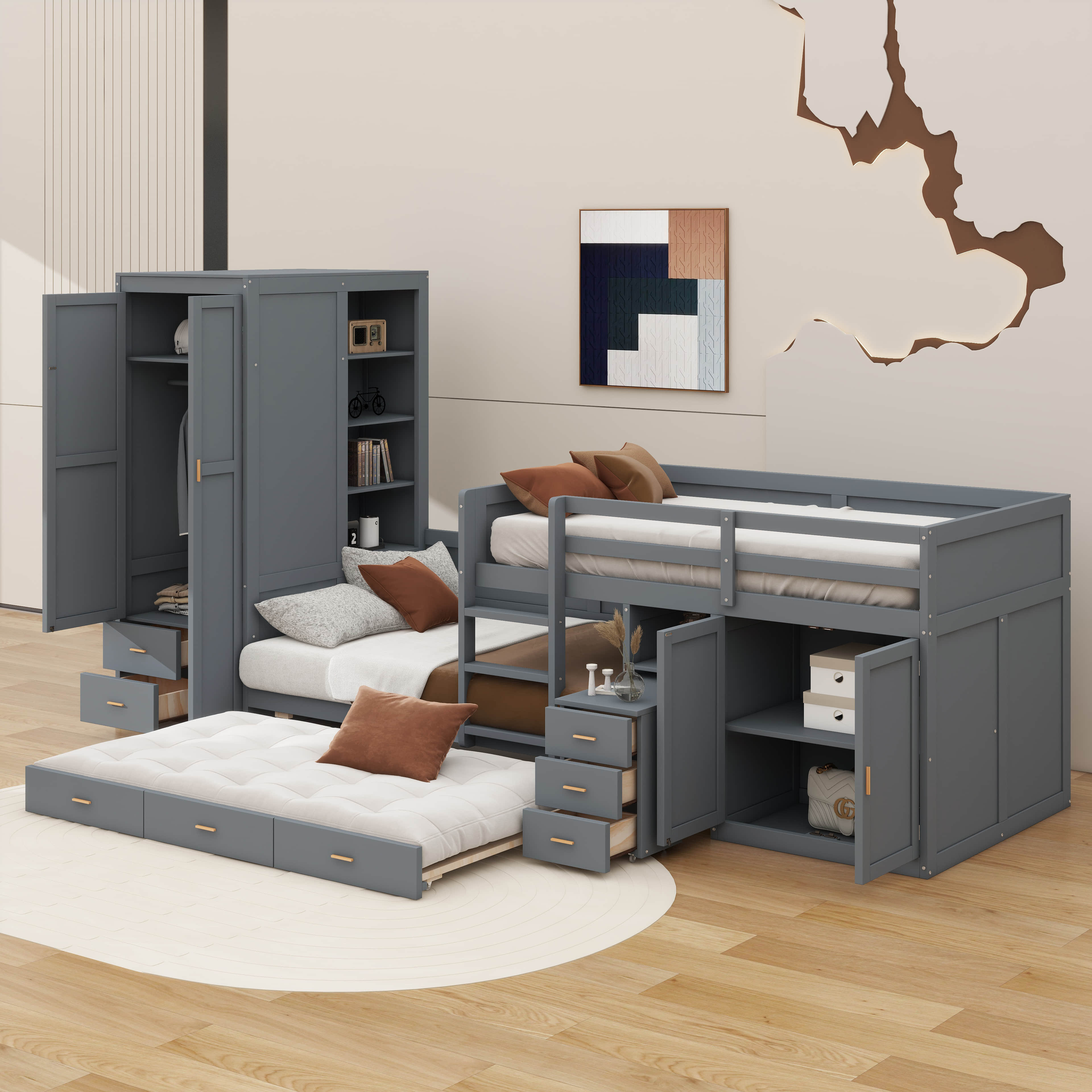 Harriet Bee Twin Bunk Bed With An Underbed Trundle, Integrated Desk ...