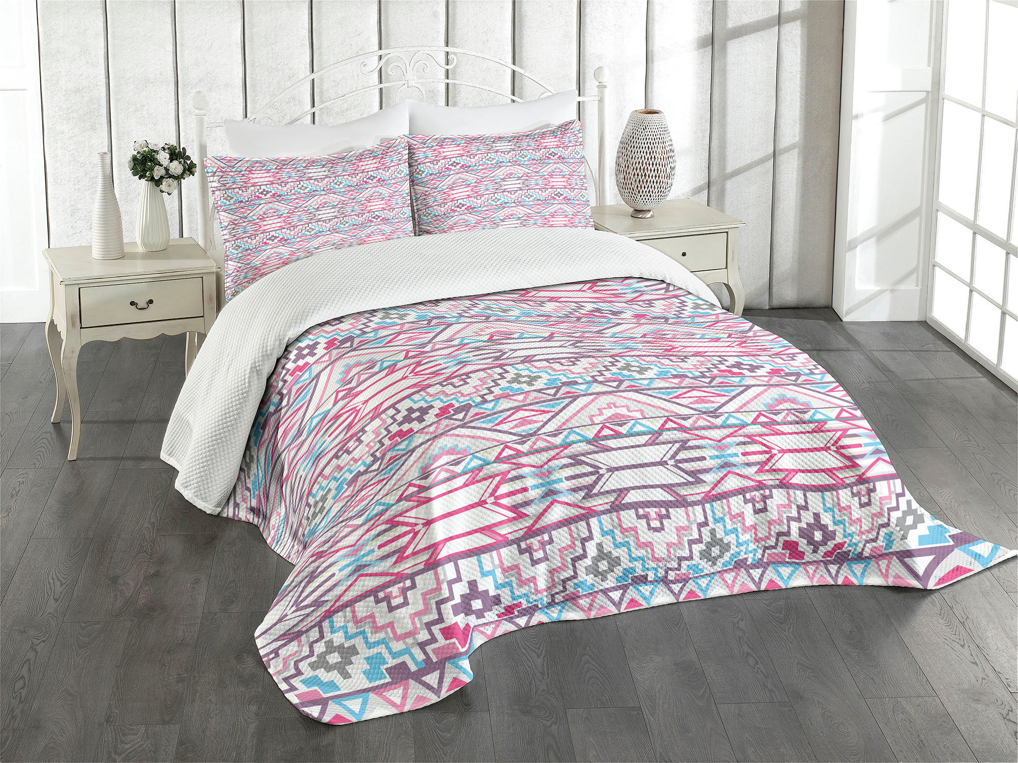 Ambesonne Pastel Bedspread Set Aztec Inspired Ikat Seem Pink Pale Blue ...