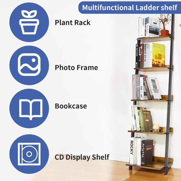 17 Stories 5 Tier Ladder Shelf-Wood & Metal Bookcase,Wall Mount ...