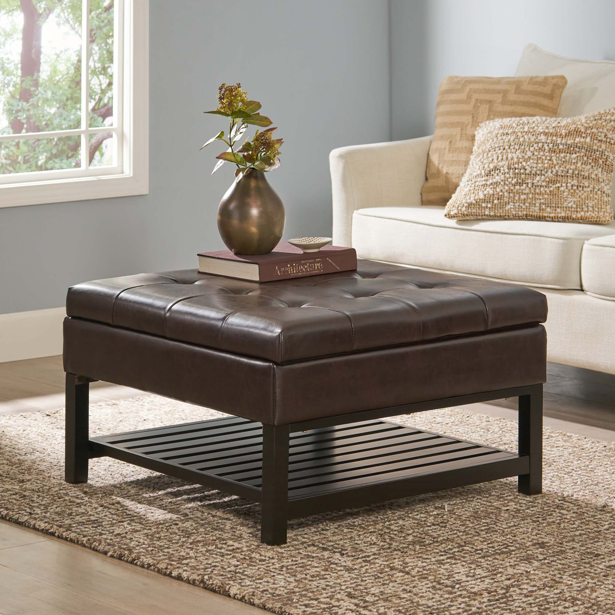 Ebern Designs Square Ottoman With Storage And Bottom Rack,Tufted ...