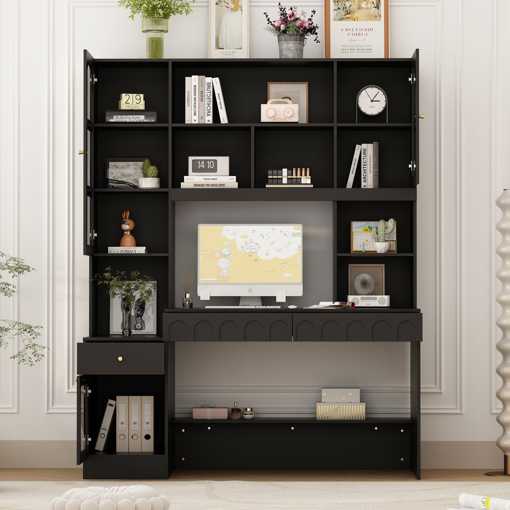 Lark Manor 79'' H X 62.4'' W 3-Door Computer Desk With Hutch And Glass ...