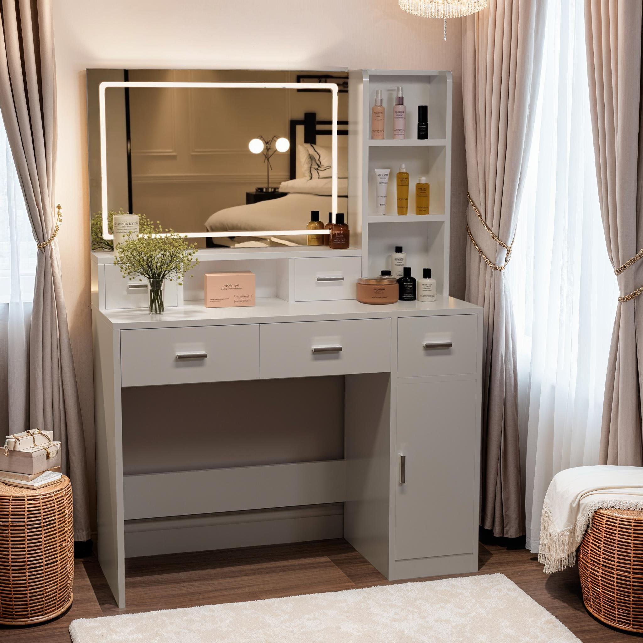 Ivy Bronx Makeup Vanity & Stool Set with Adjustable LED Mirror, Power ...