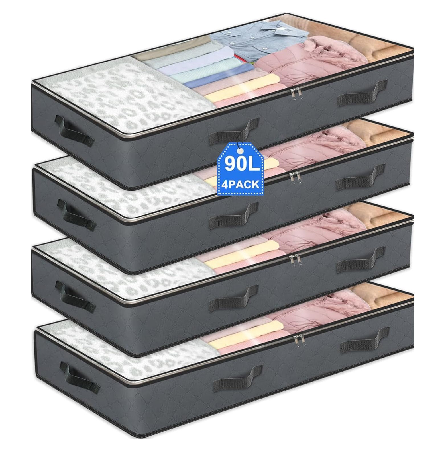 Rebrilliant 4 Pack Under Bed Storage, 90L Collapsible Closet Containers ...