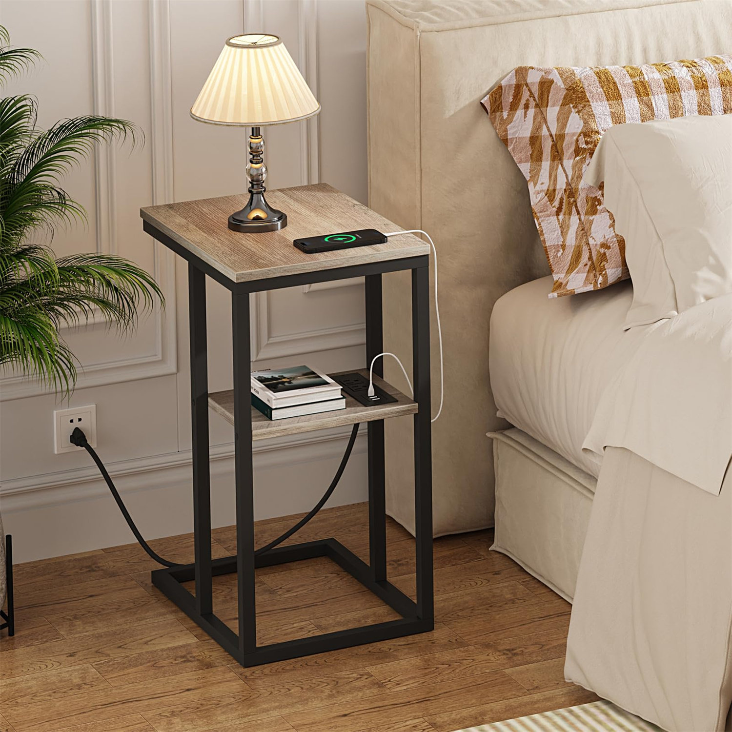 Everly Quinn Small C-Shaped Charging Side Table - USB Ports & Outlets ...