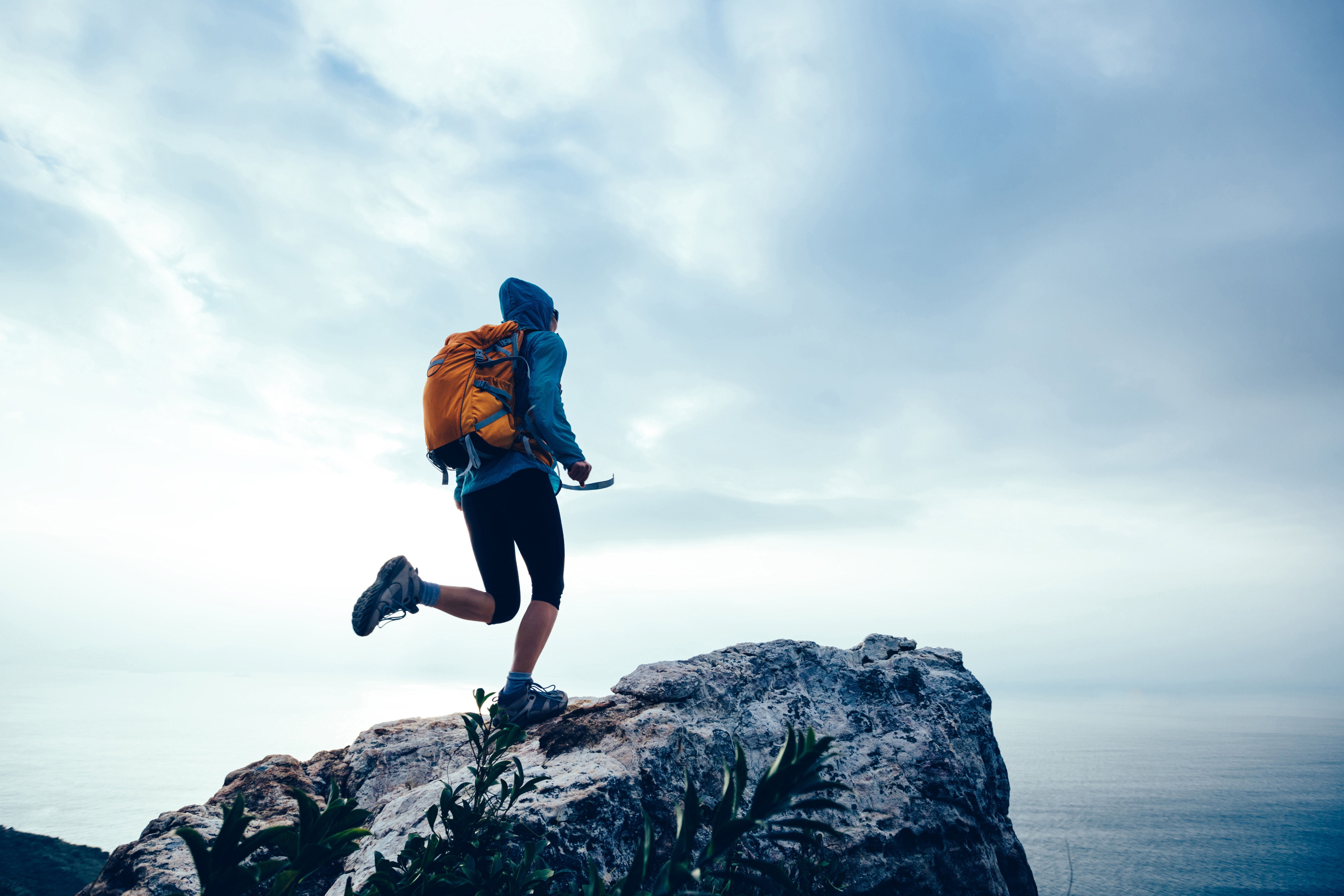 Highland Dunes Successful Woman Hiker Running To On Seaside Mountain ...