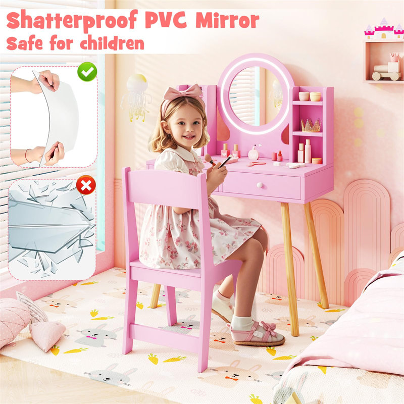 Latitude Run Dressing Table, Girls Vanity Set With Stool, 2-Color LED ...