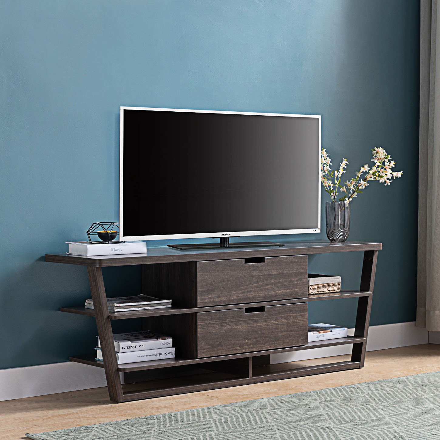 Gracie Oaks TV Stand With Four Open Shelves And Two Drawers, Tv Console ...