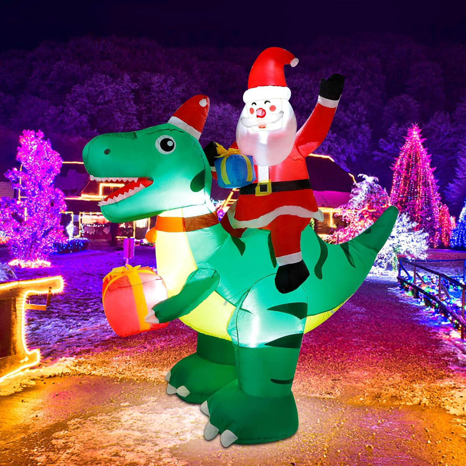 Alcott Hill 7 Ft Christmas Inflatable Santa Claus Ride On Dinosaur ...
