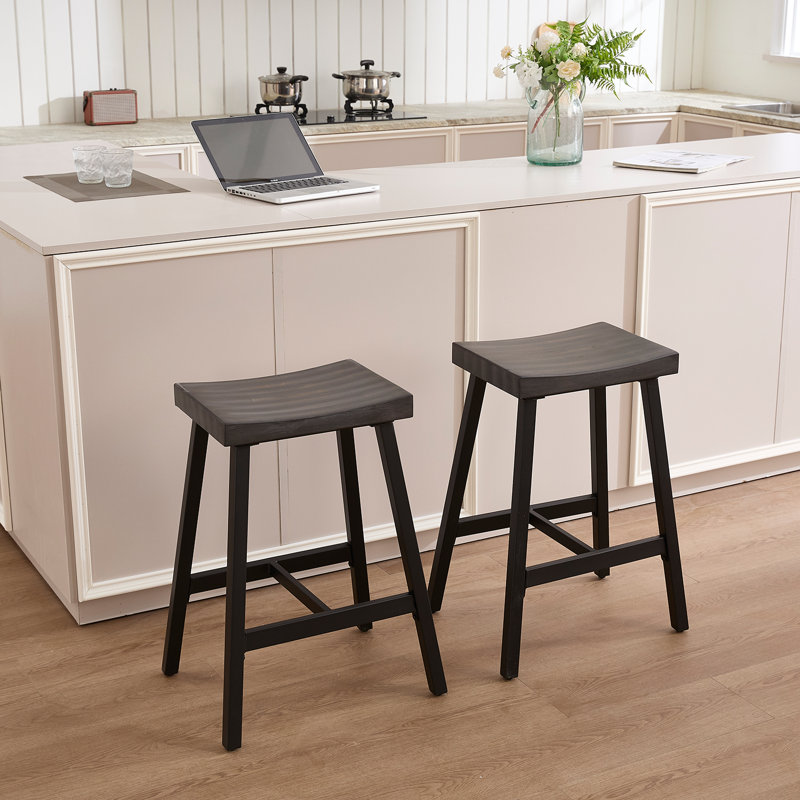 George Oliver Solid Wood Bar Stool Without Backrest, Saddle Stool With ...