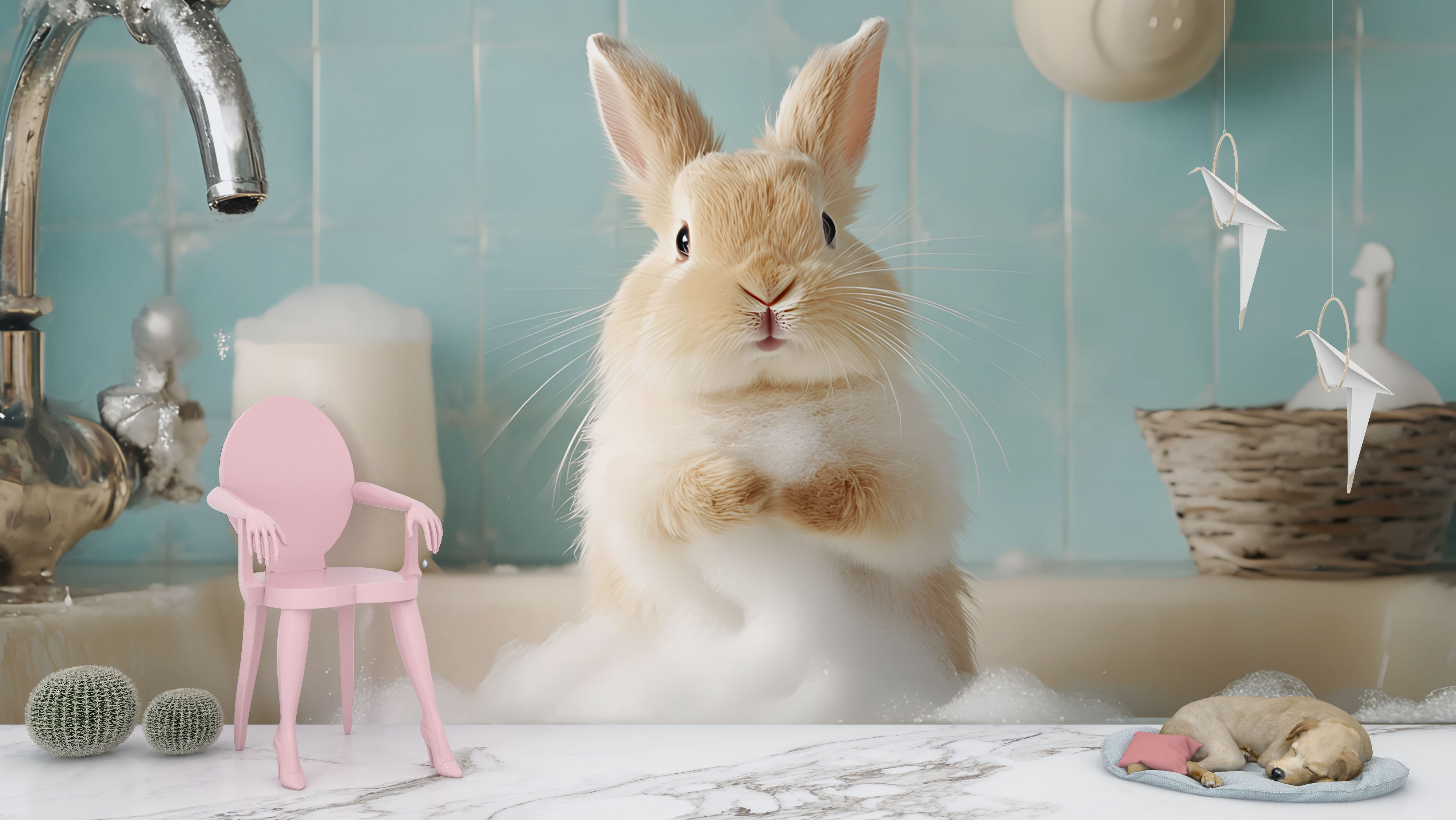 Gracie Oaks Bunny In Sink Wallpaper – Cute Rabbit Bath Time Wall Mural ...