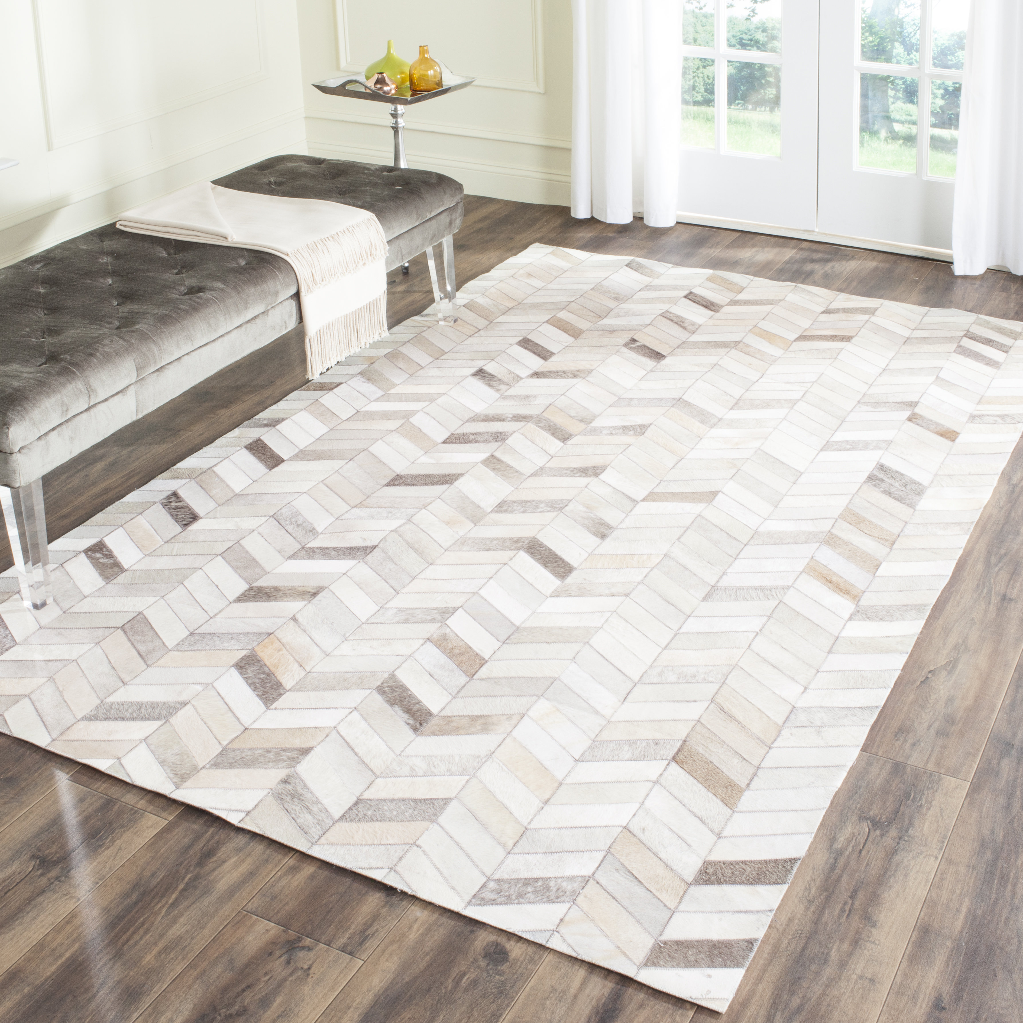 Union Rustic Heilman Chevron Handmade Cowhide Gray/Ivory Area Rug ...