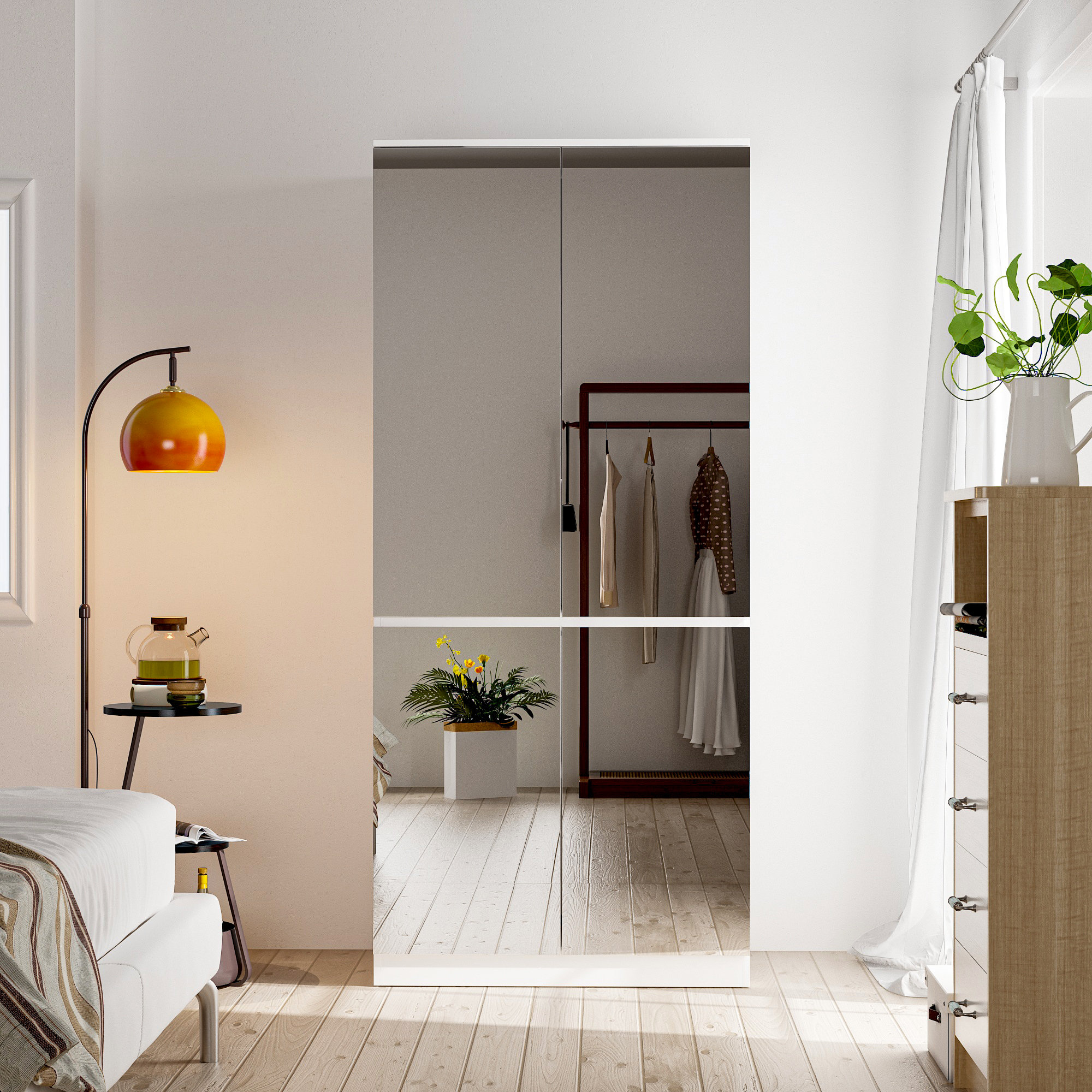 Ebern Designs 70.9" H 4-Door White Mirror Wardrobe With Anti-Tip Design ...