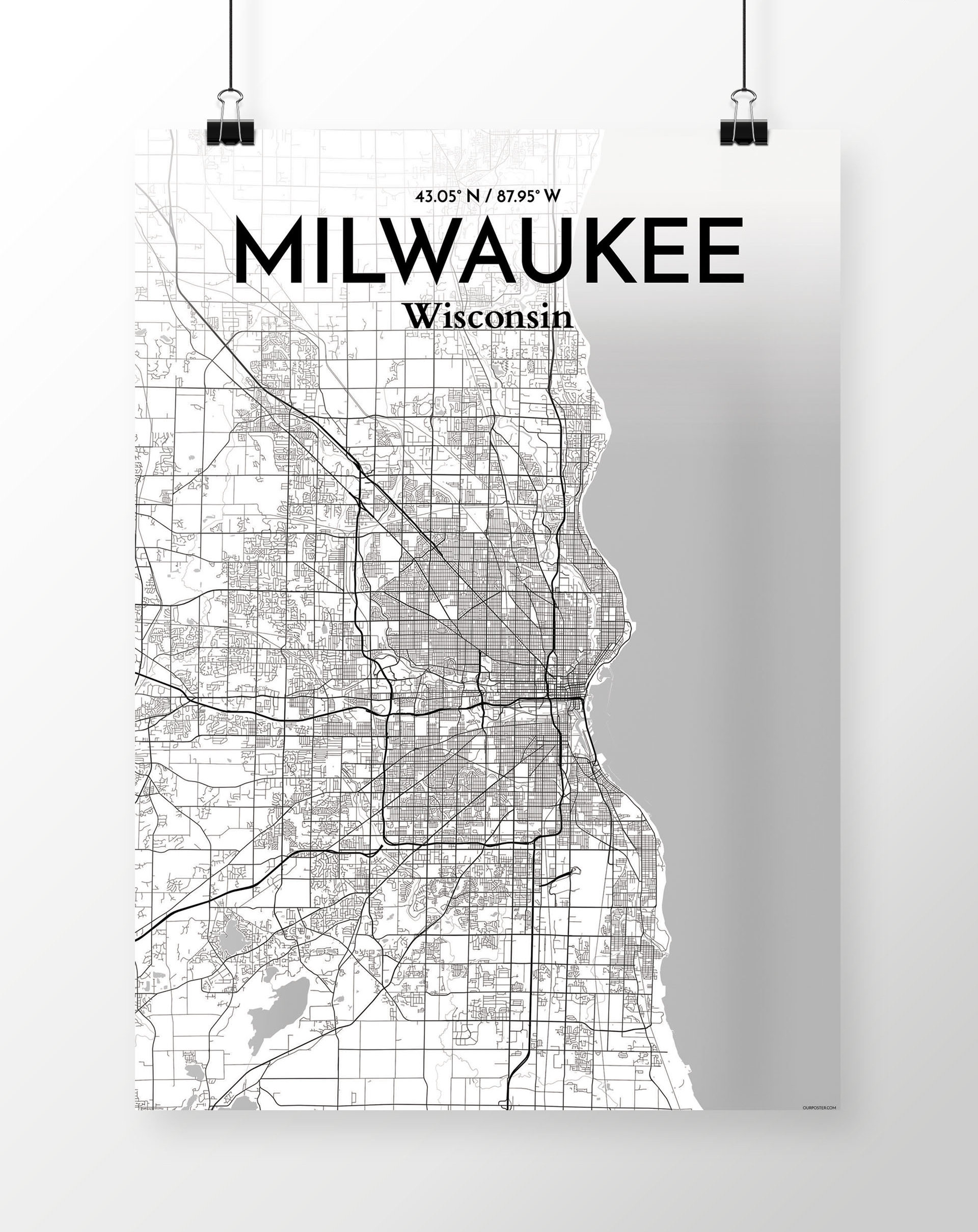 Wrought Studio 'Milwaukee City Map' Graphic Art Print Poster in Grey ...