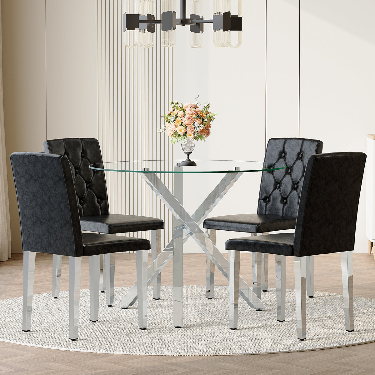 Mercer41 Table And Chair Set.Modern Glass Round Table: 39 Inch Diameter ...