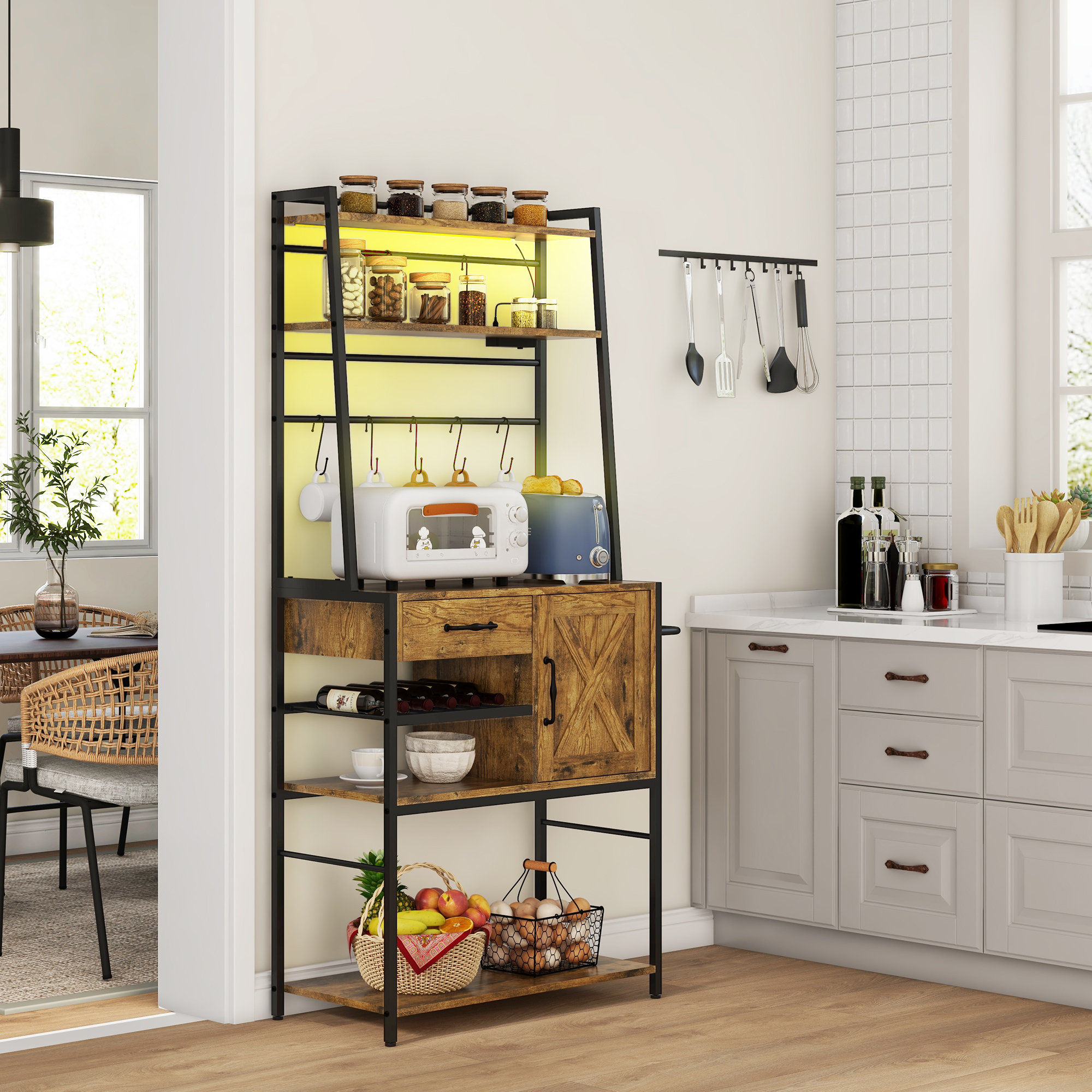 Gracie Oaks Baker's Rack with Power Outlet and LED Lights,Industrial ...