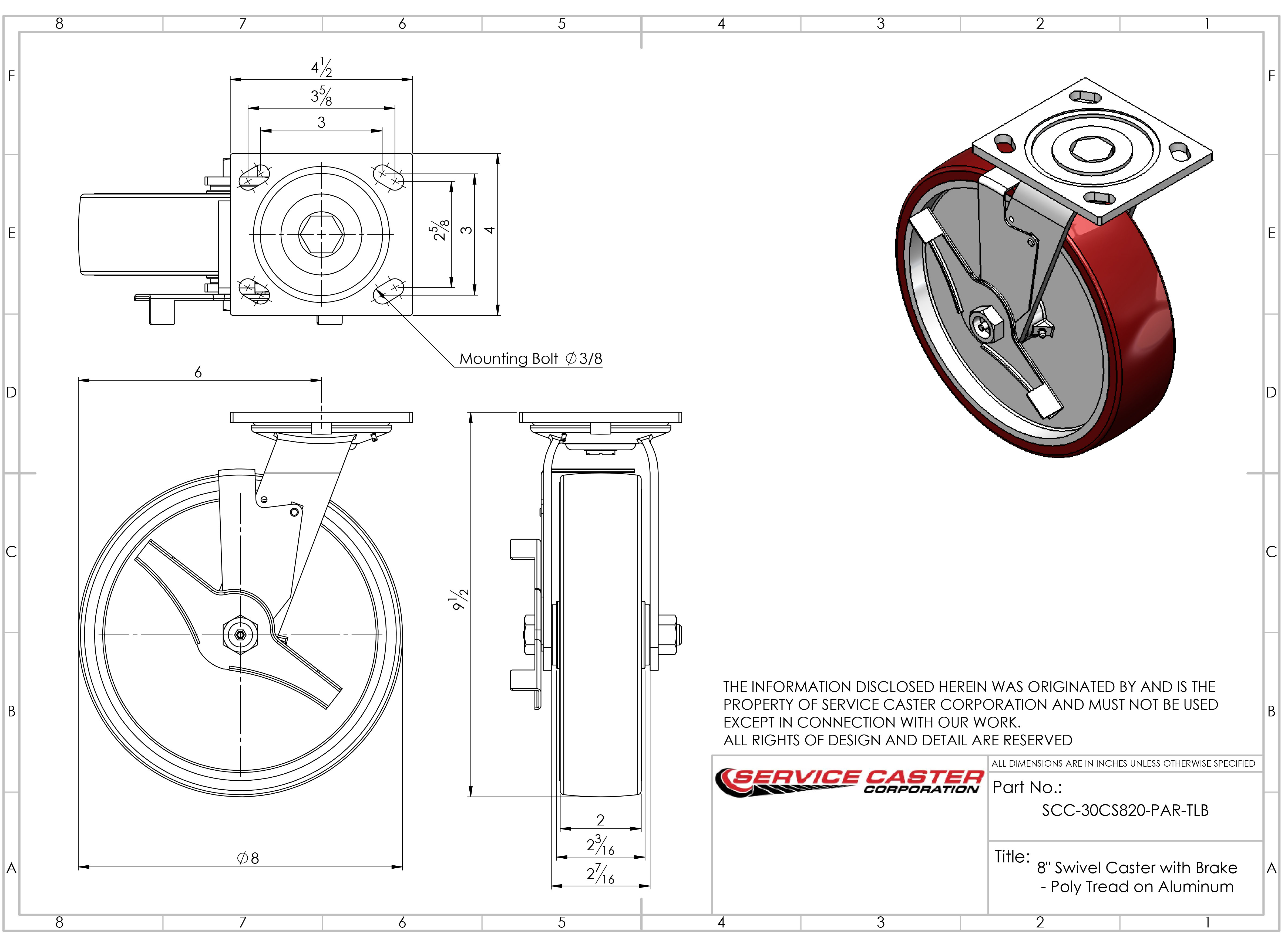 Service Caster 8 Inch Poly on Aluminum Caster Set with 2 Brakes/Swivel ...