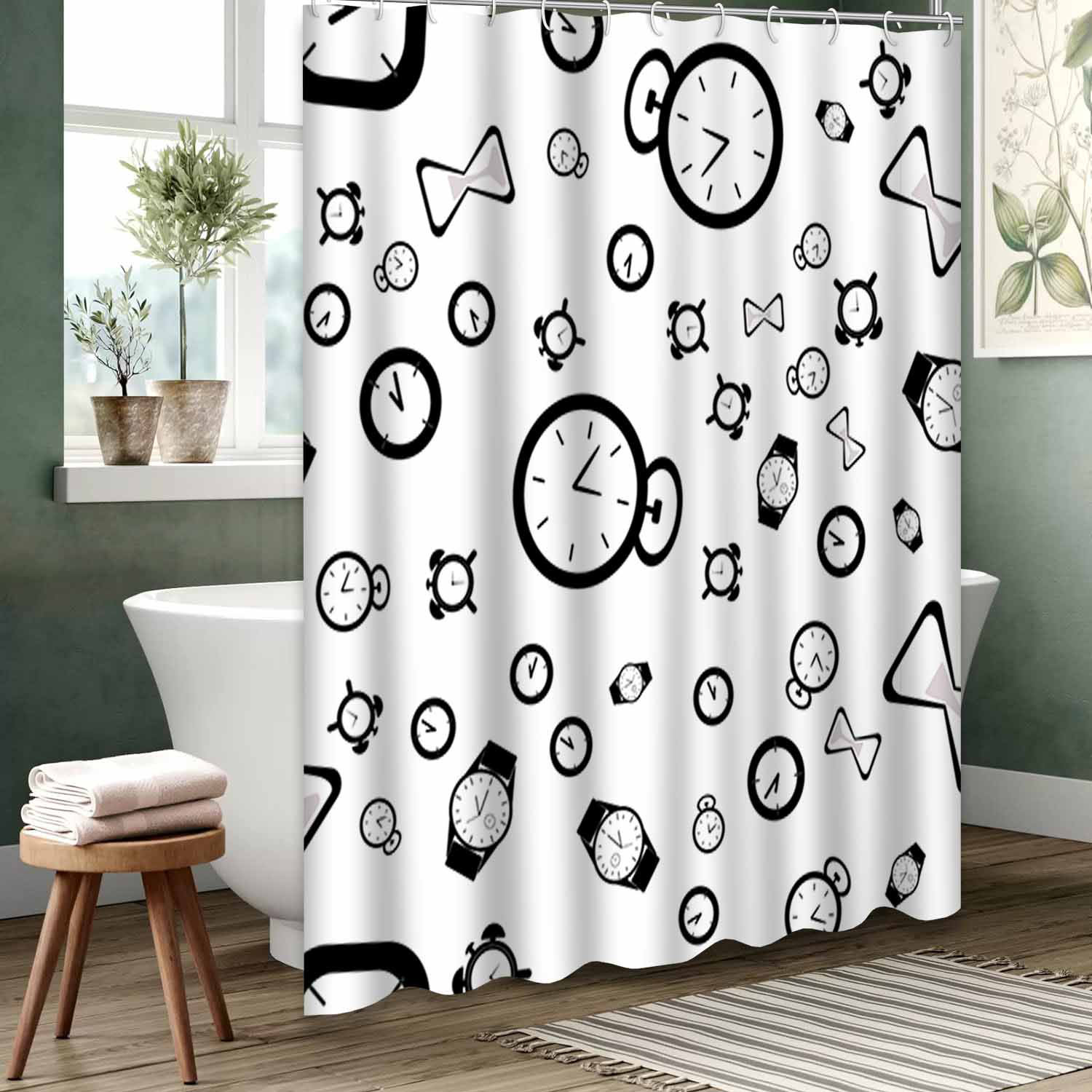 East Urban Home White Waterproof Shower Curtain,Black and Clock Watches ...