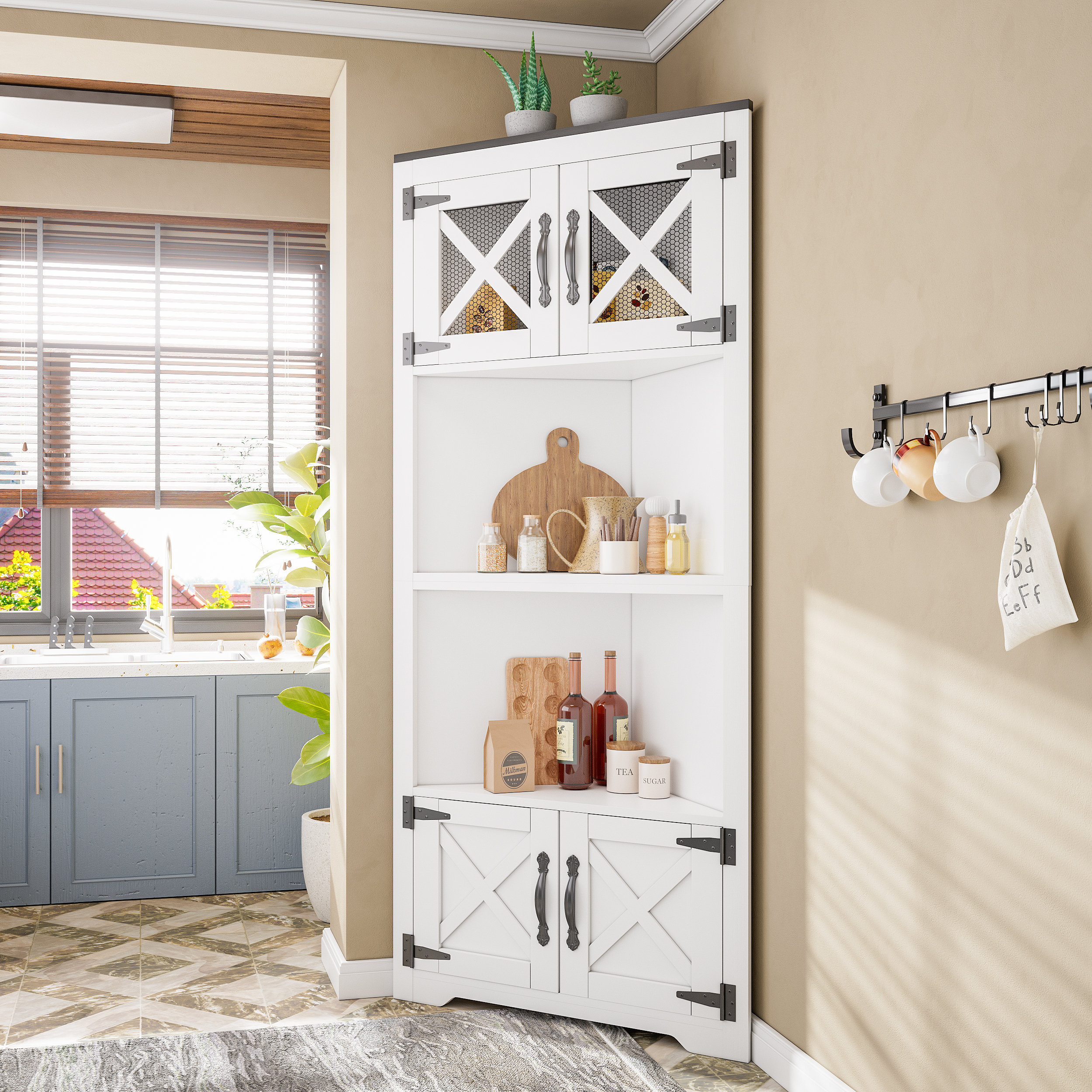 Rebrilliant Farmhouse Tall Corner Cabinet - 5-tier Storage With Barn ...