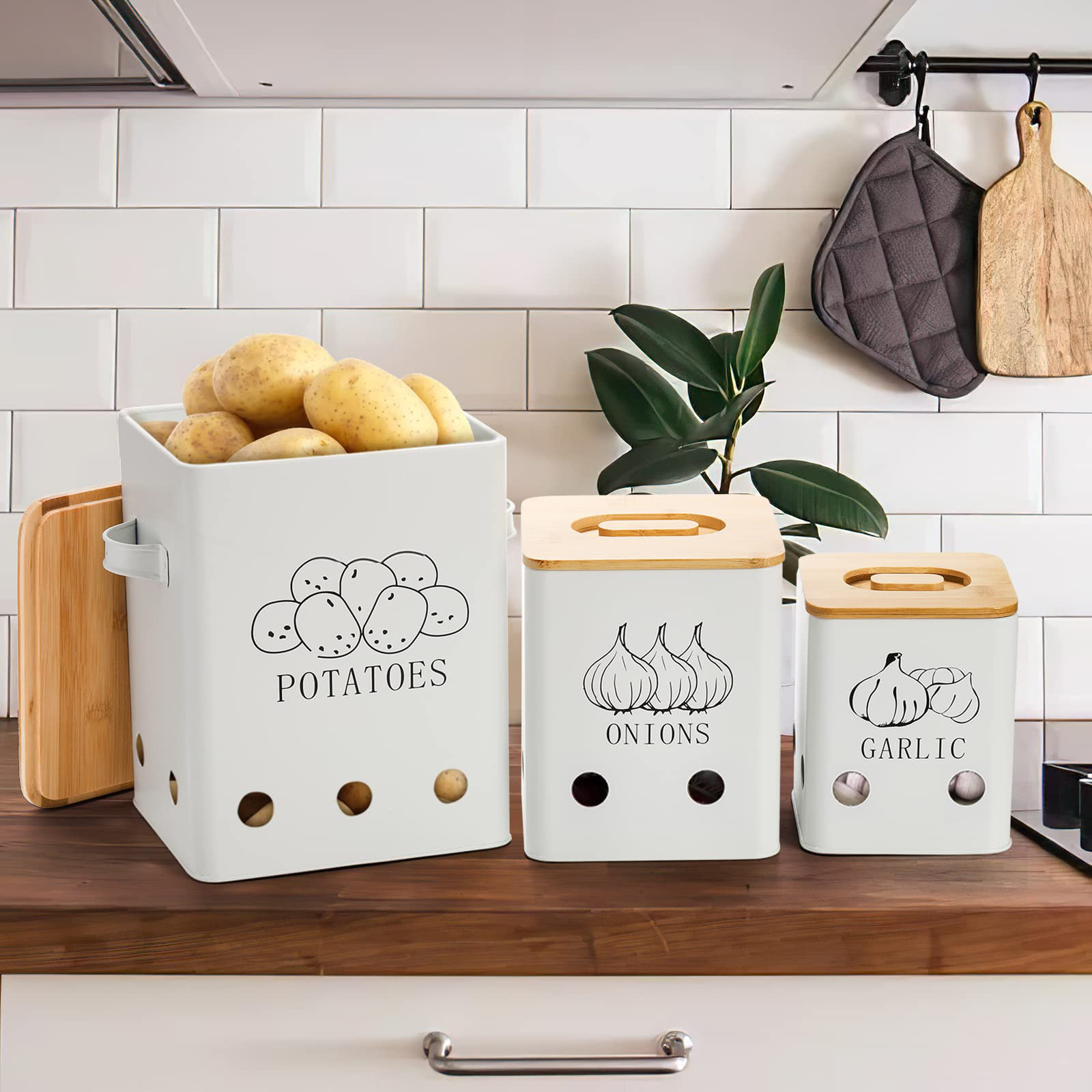 Gracie Oaks 3 Pack Vegetable Storage Tins, Metal Onion Garlic Potato ...