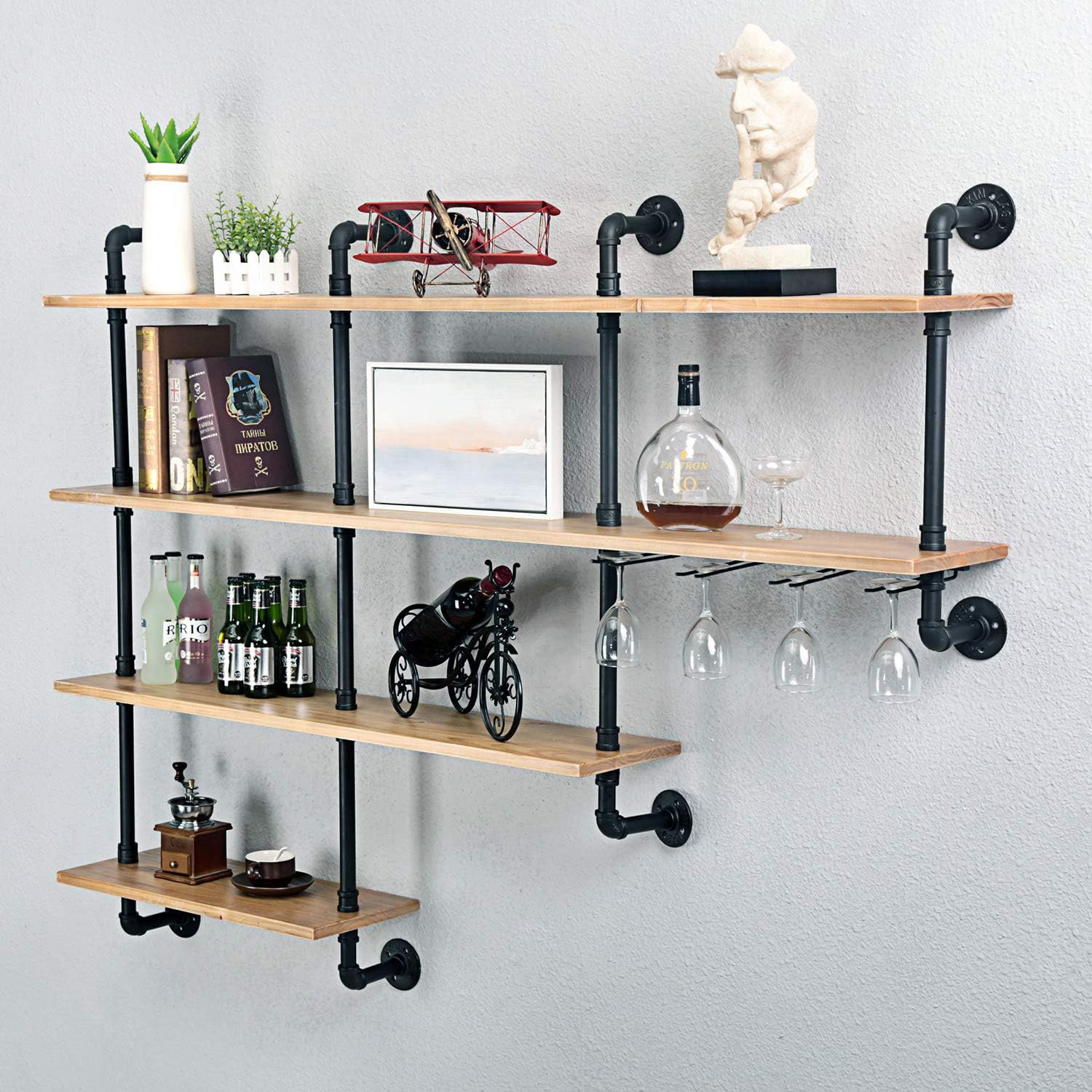 17 Stories Industrial Pipe Floating Shelves With Wine Rack, Rustic Wood ...