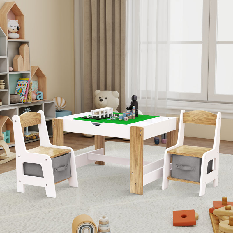 Harriet Bee Wooden Kids Play Table And 2 Chairs Set With 7 Storage ...